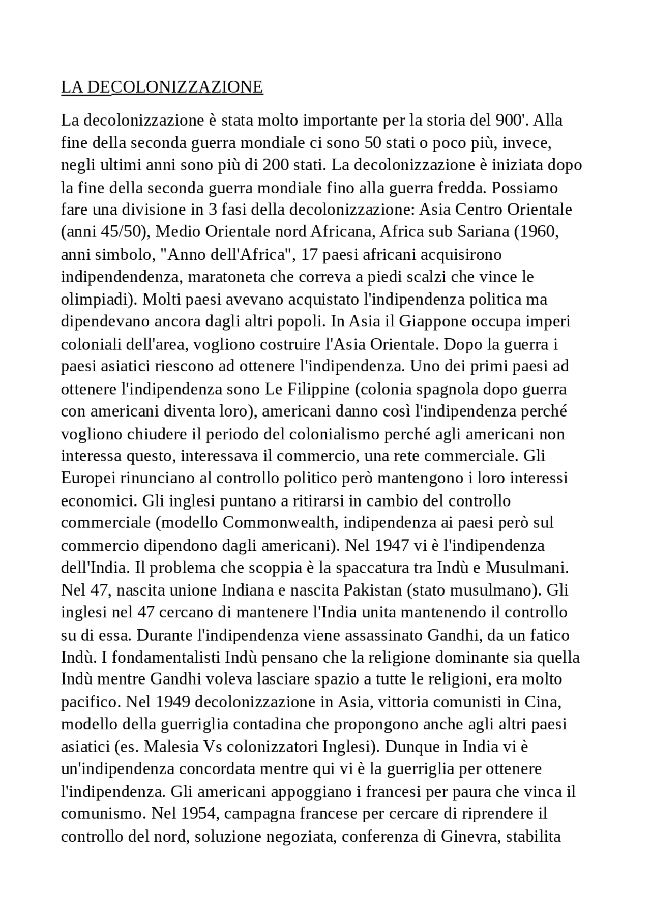 Storia Contemporanea La Decolonizzazione Docsity