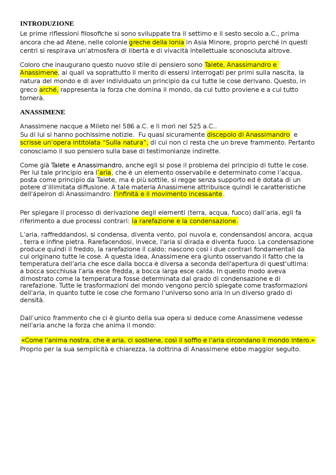 Anassimene Di Mileto Docsity
