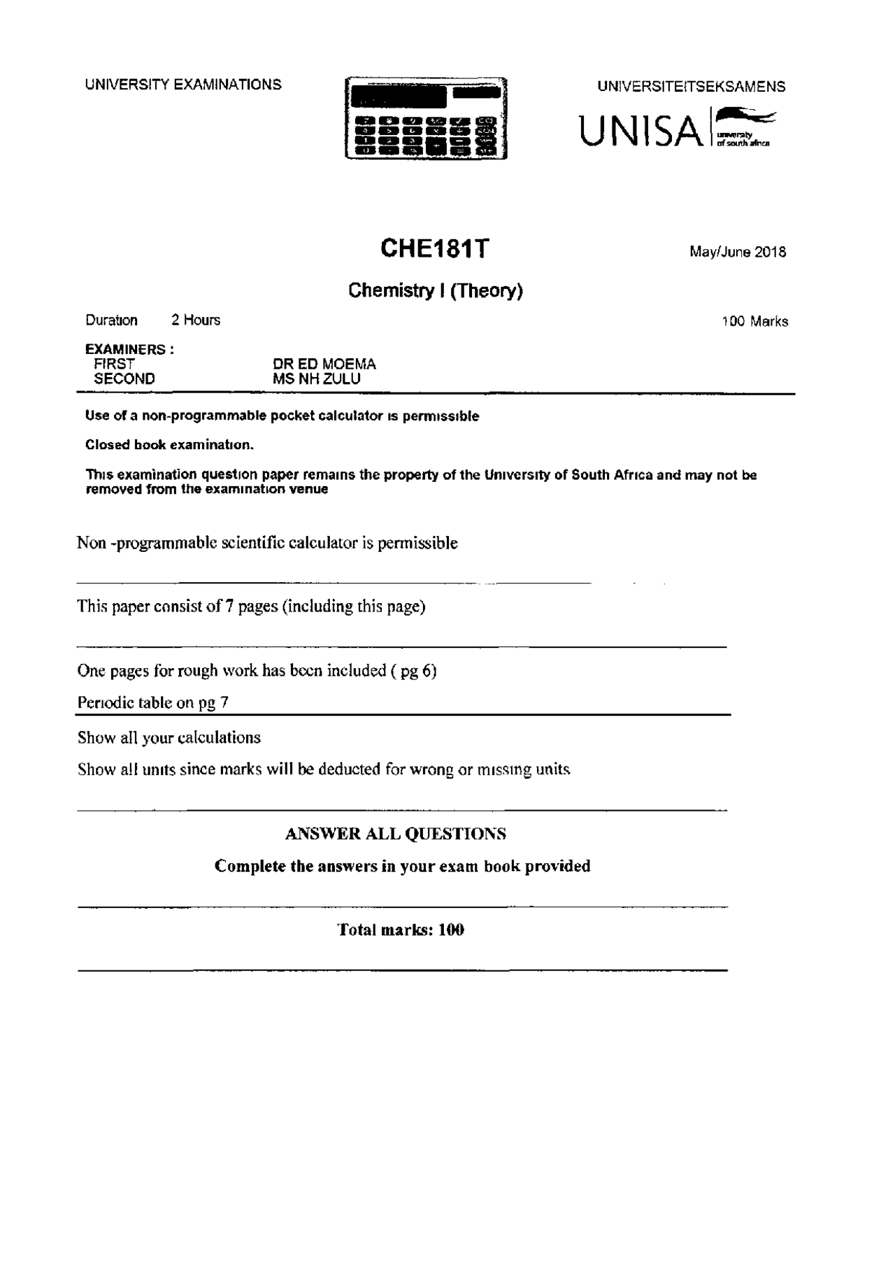 Chemistry Past Exam paper - Docsity
