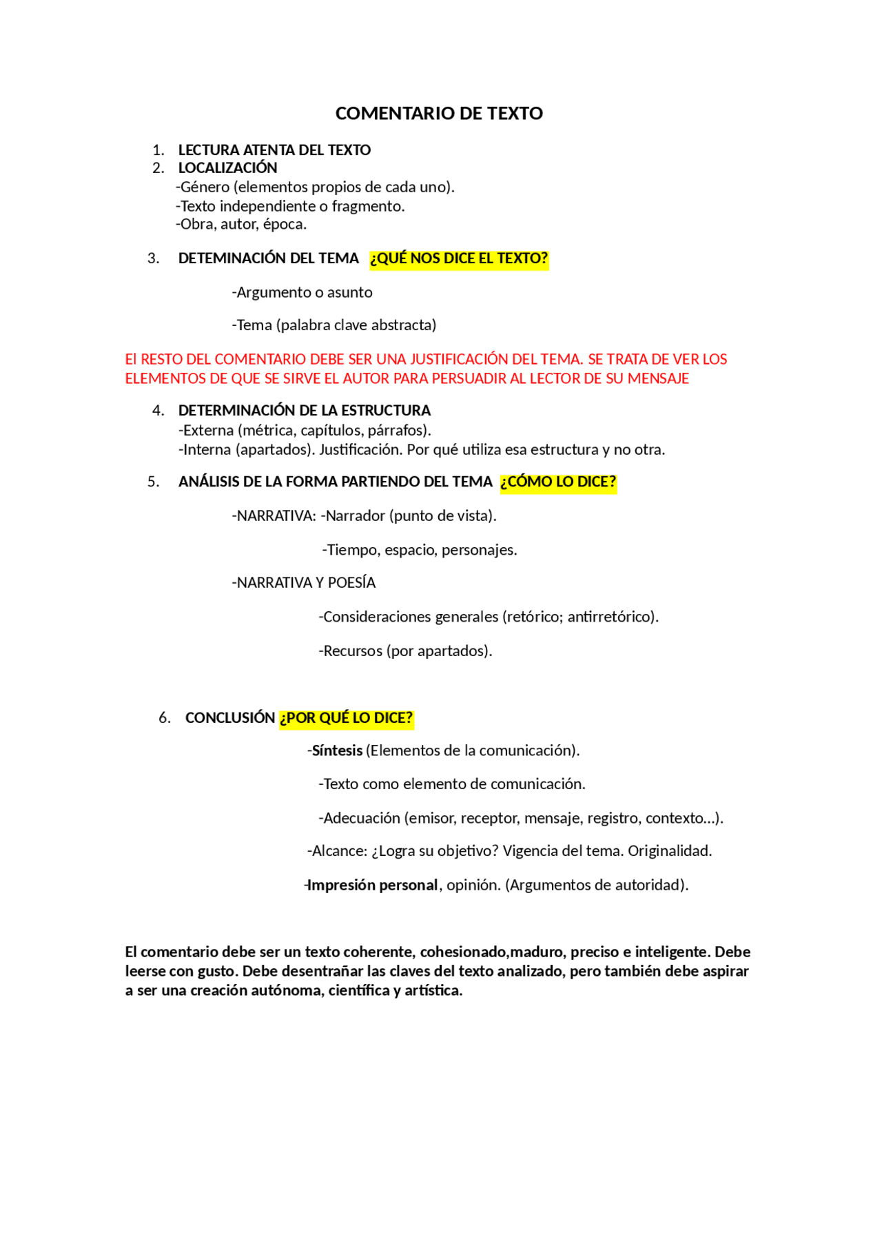 Esquema sobre cómo hacer un comentario de texto - Docsity