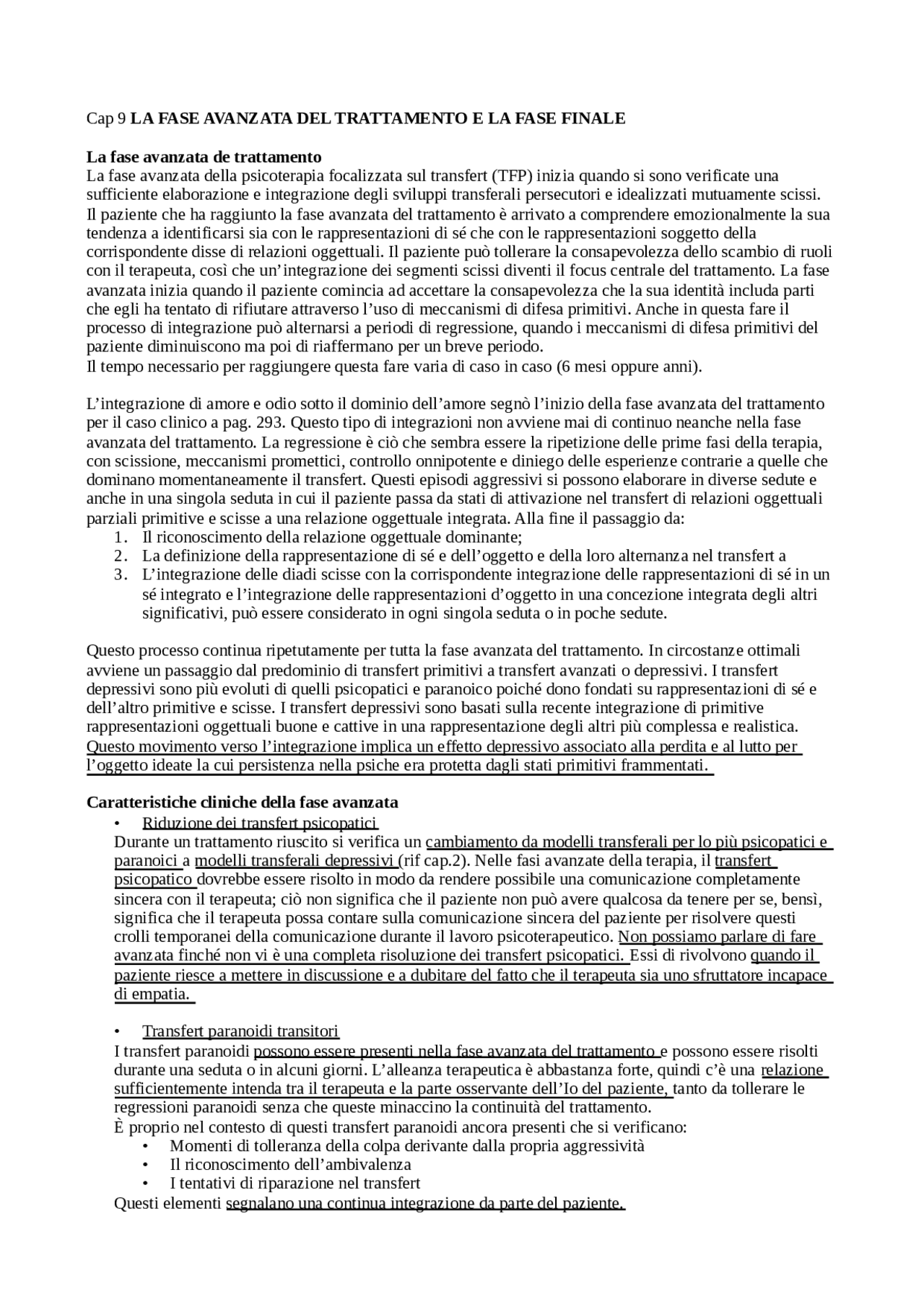 Riassunto Del Capitolo 9 Del Testo Terapia Focalizzata Sul Transfert