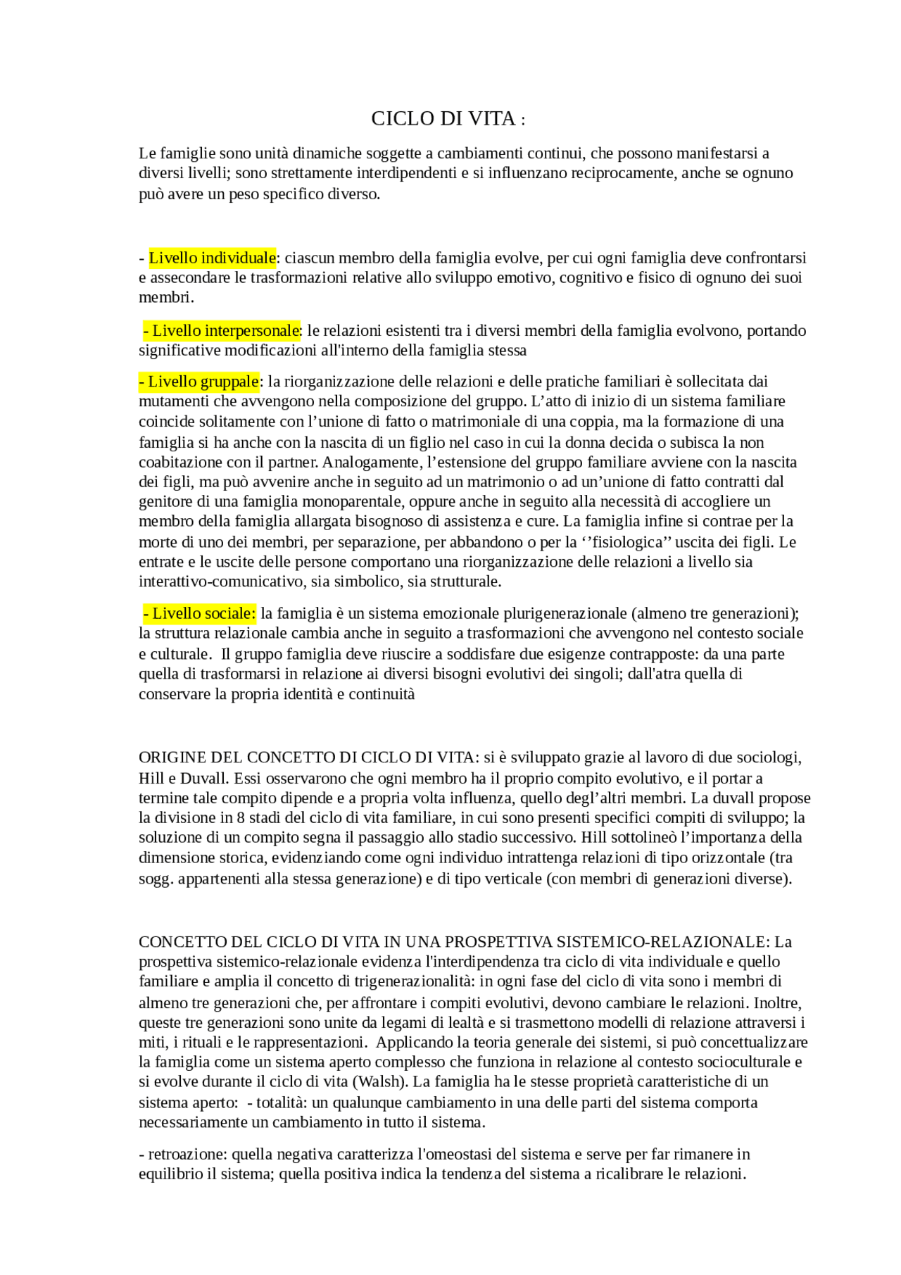Appunti Riassuntivi Libro Ciclo Di Vita Docsity