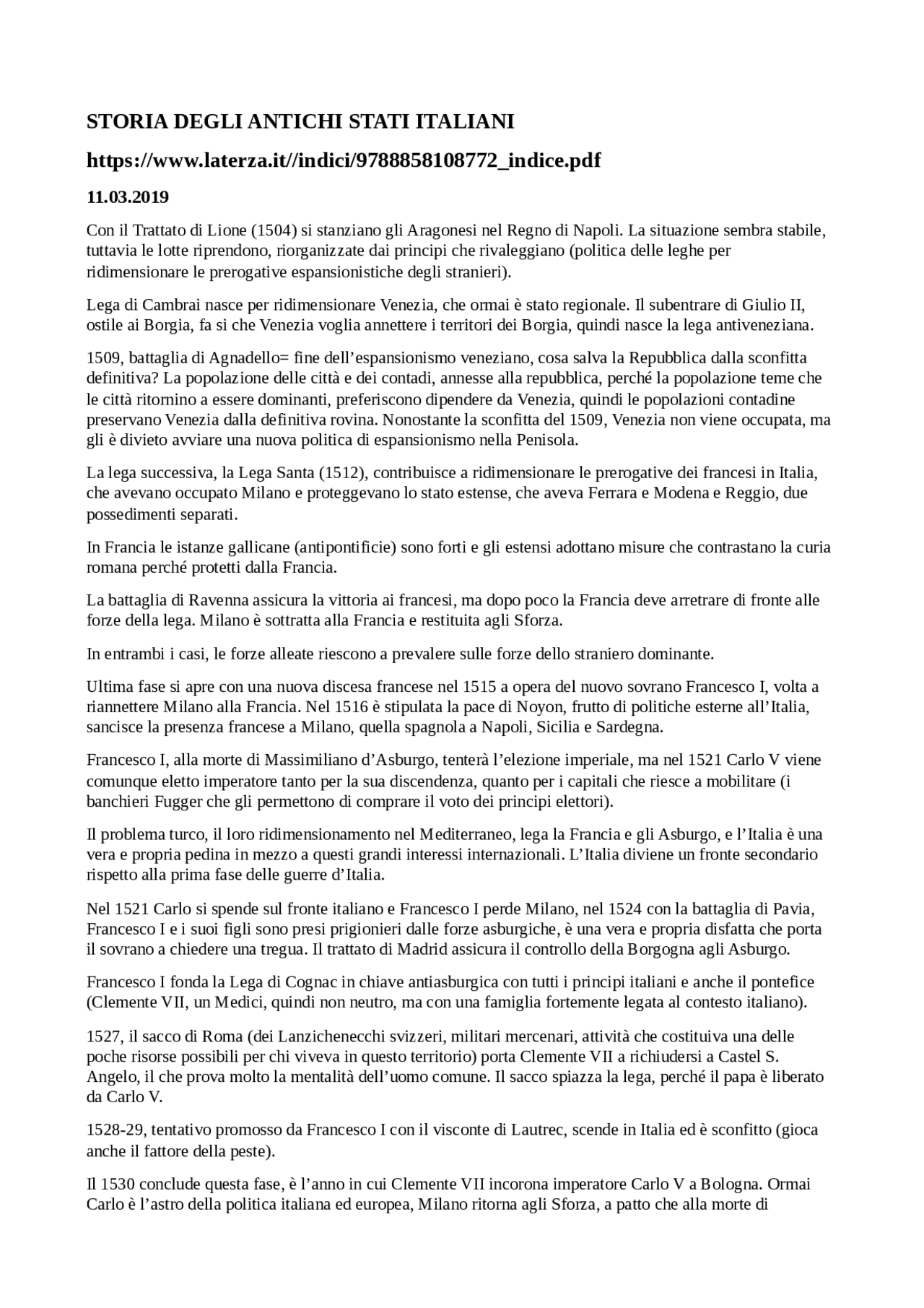 Appunti di storia degli antichi stati italiani - Docsity
