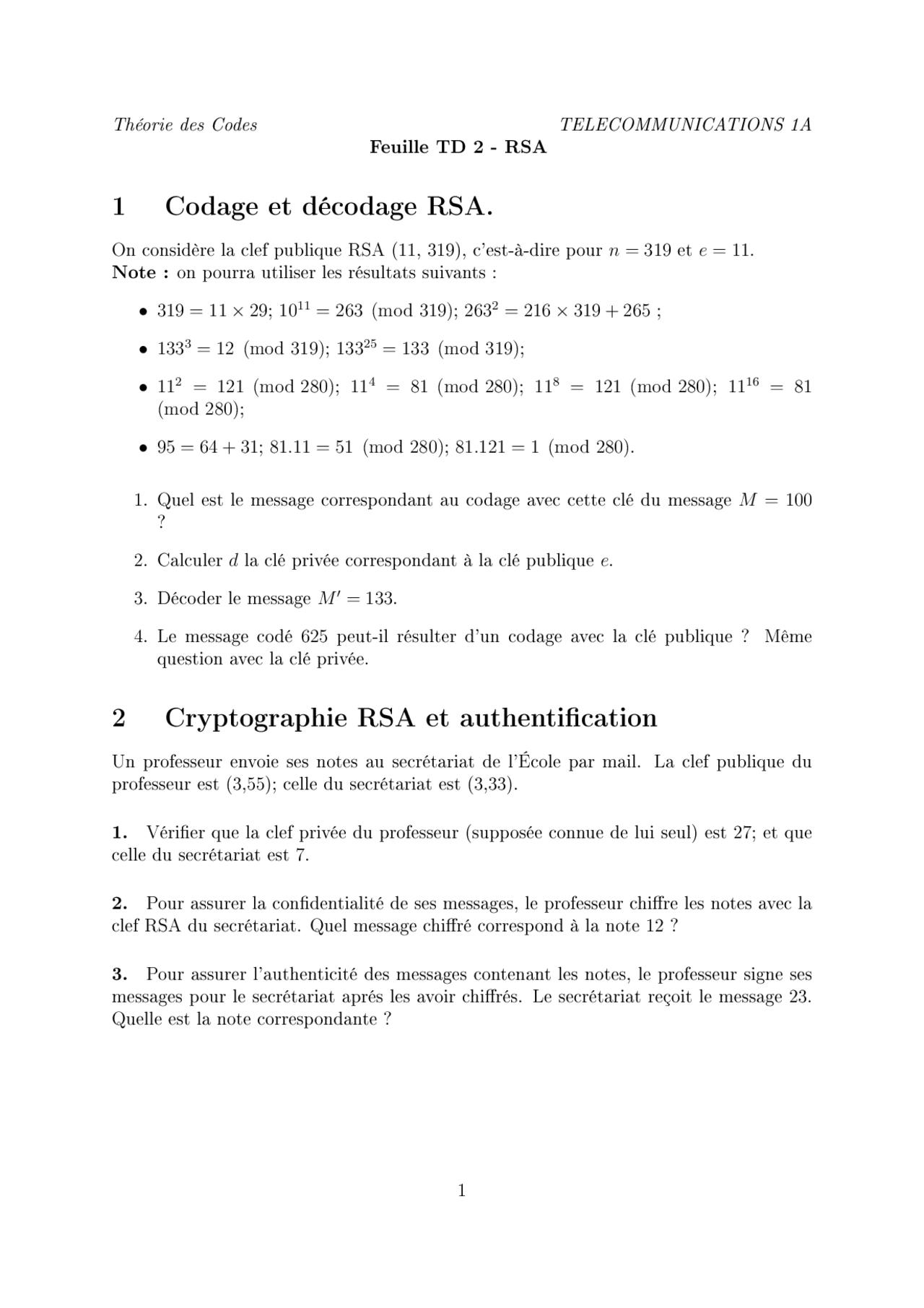TD RSA cryptographie | Exercises Computer Security | Docsity