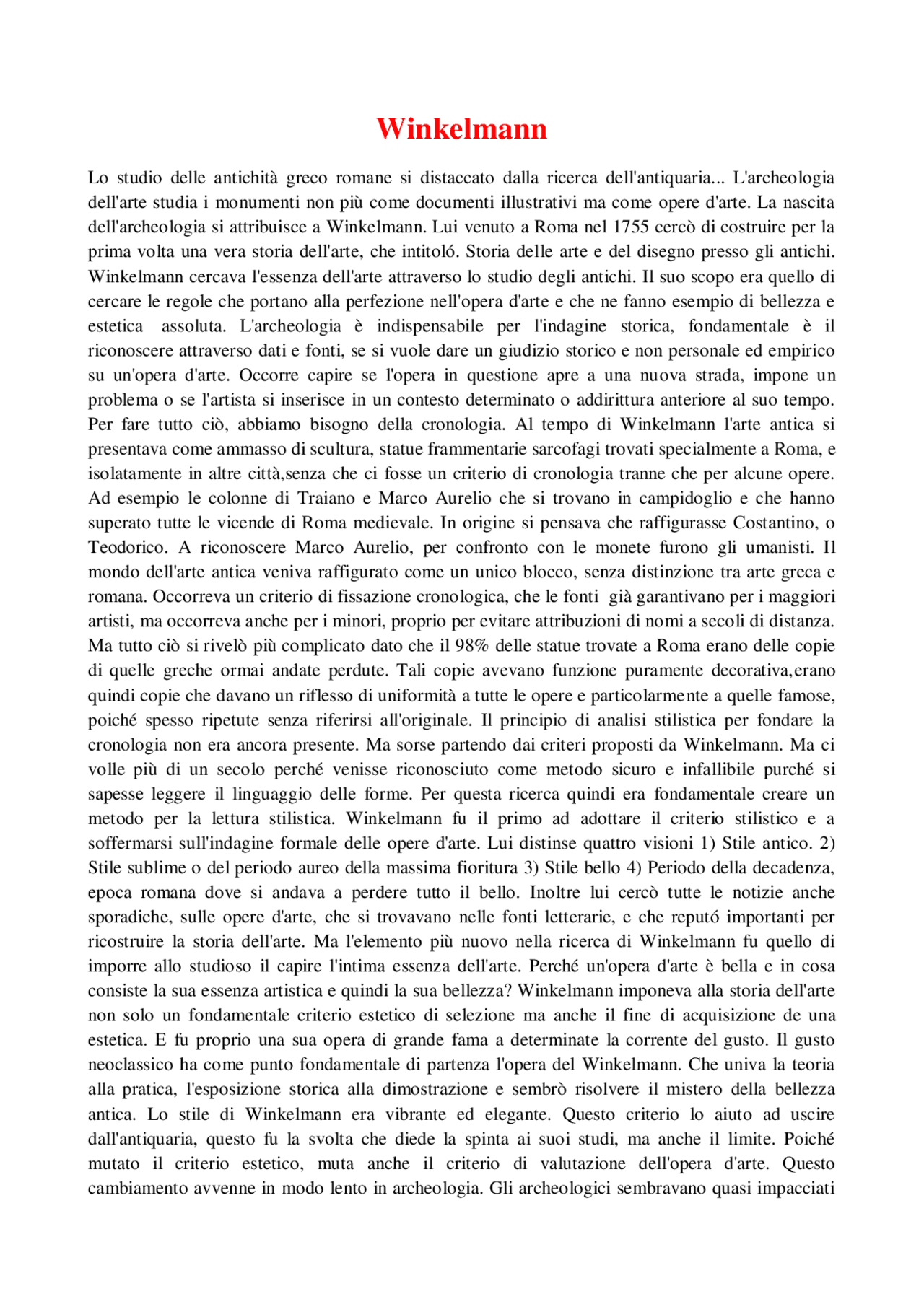 Il grande Winkelmann e le sue scoperte - Docsity