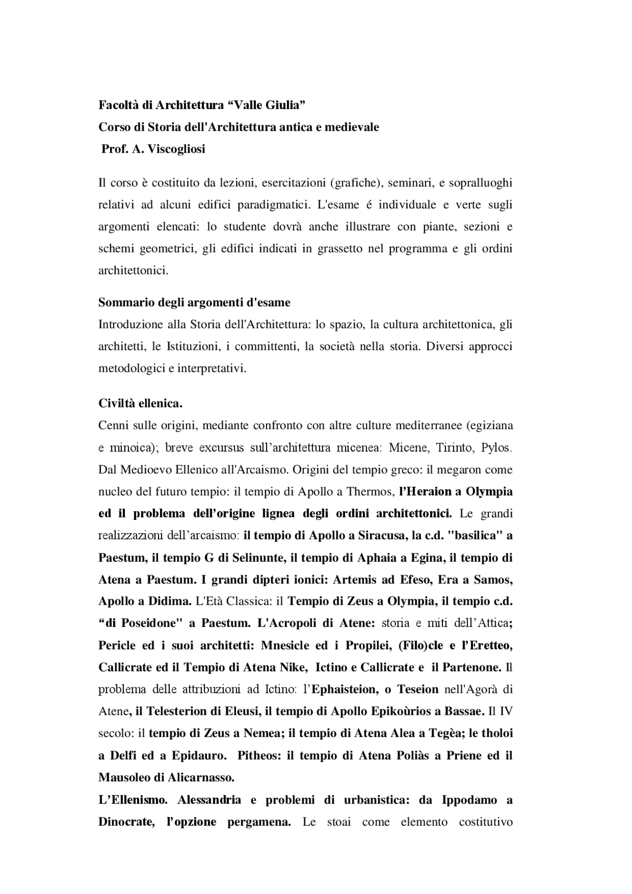 Programma Storia Architettura Docsity