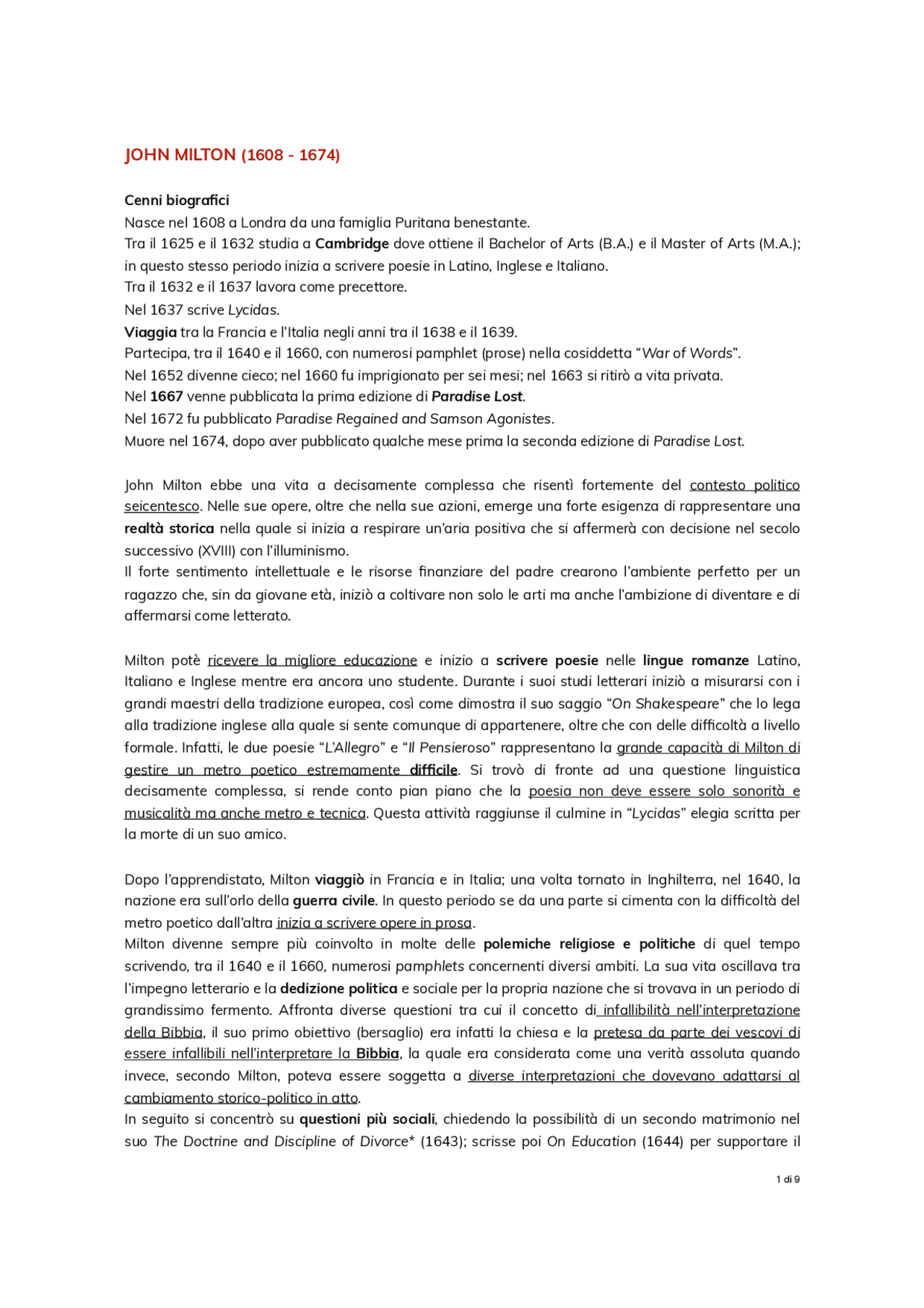 Riassunto John Milton Docsity