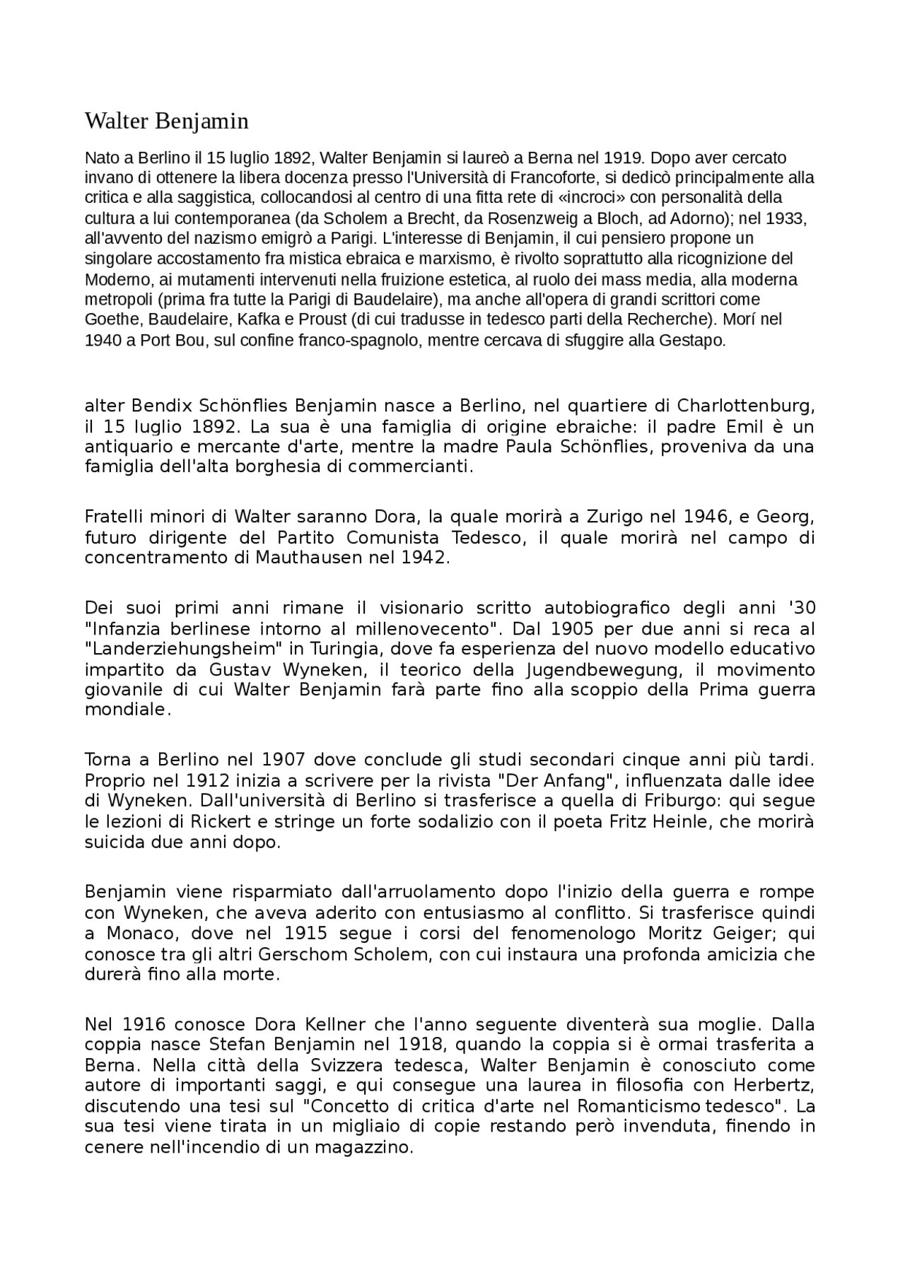 Walter Benjamin Riassunto Docsity