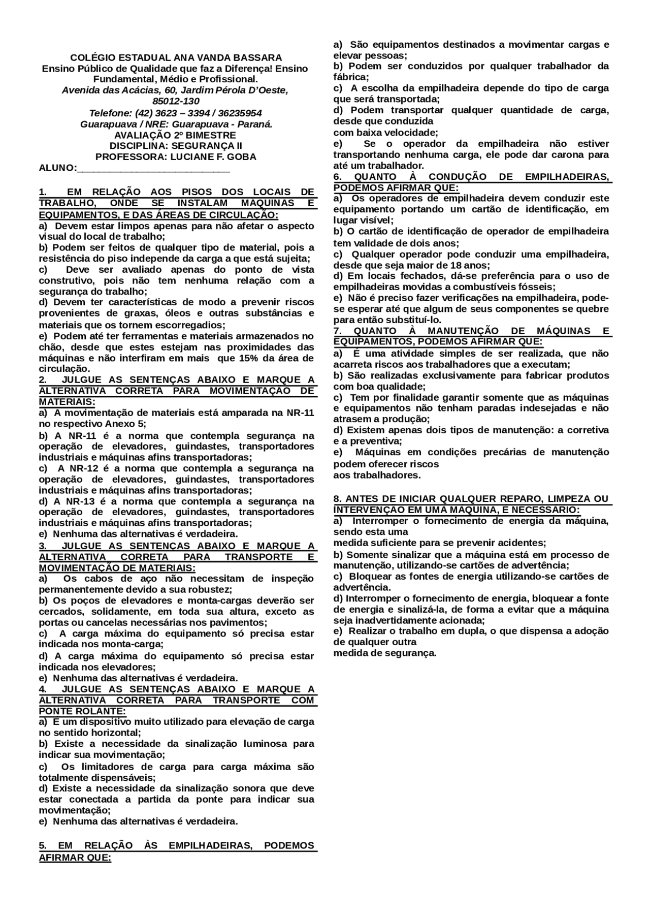 Exercicios De Segurança Do Trabalho Docsity