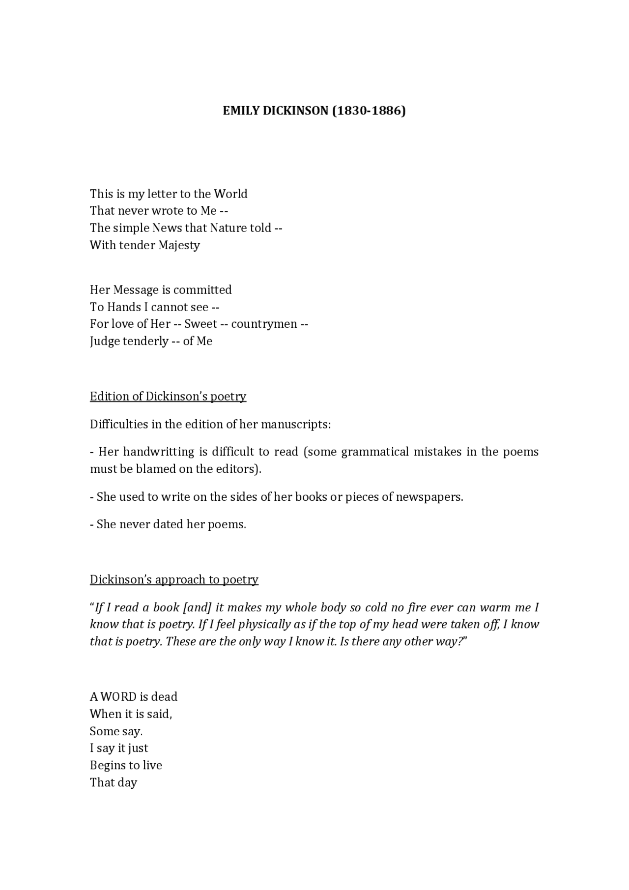 Esquema Emily Dickinson Poetry - Docsity