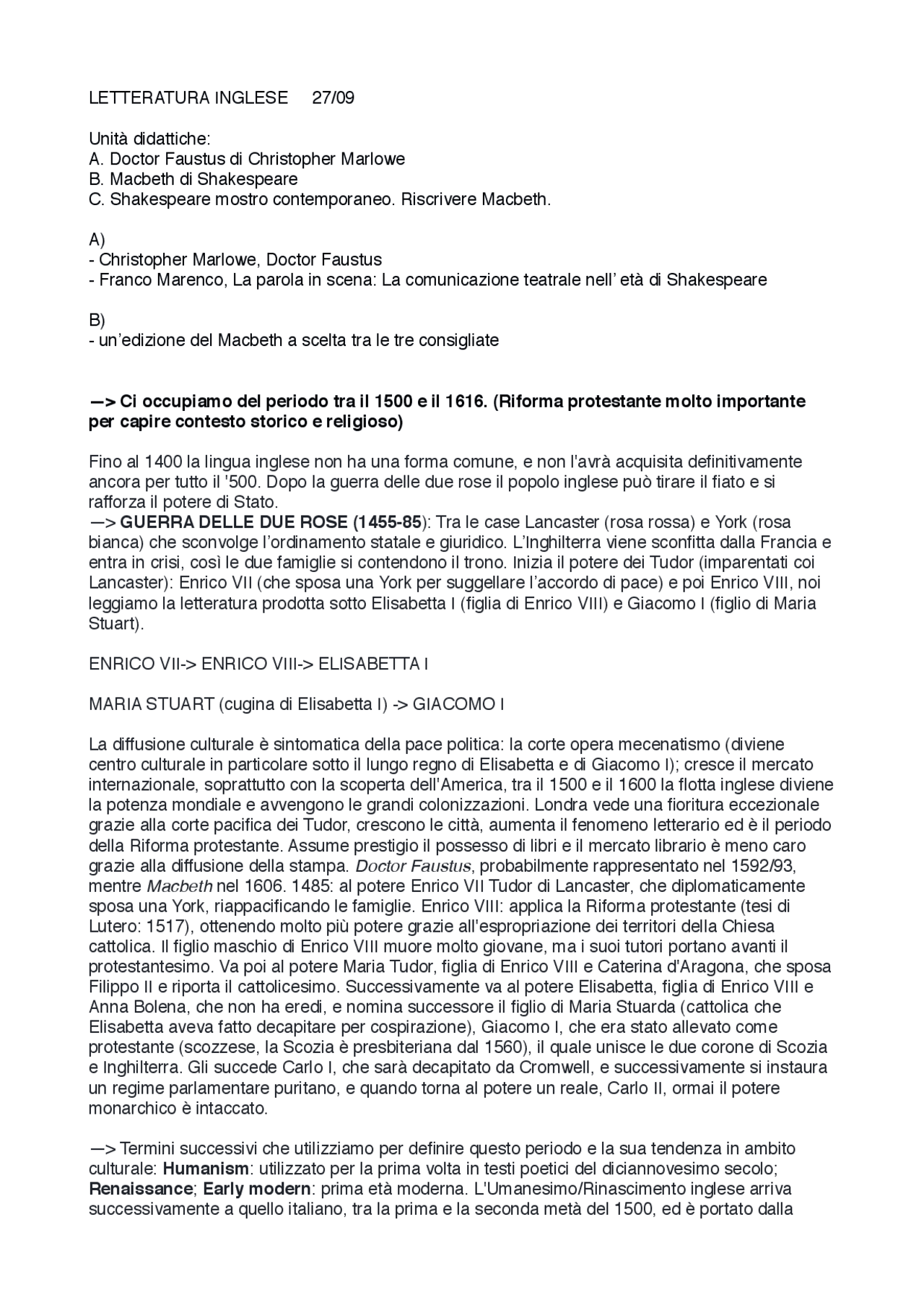 Appunti Modulo A E B Letteratura Inglese Docsity