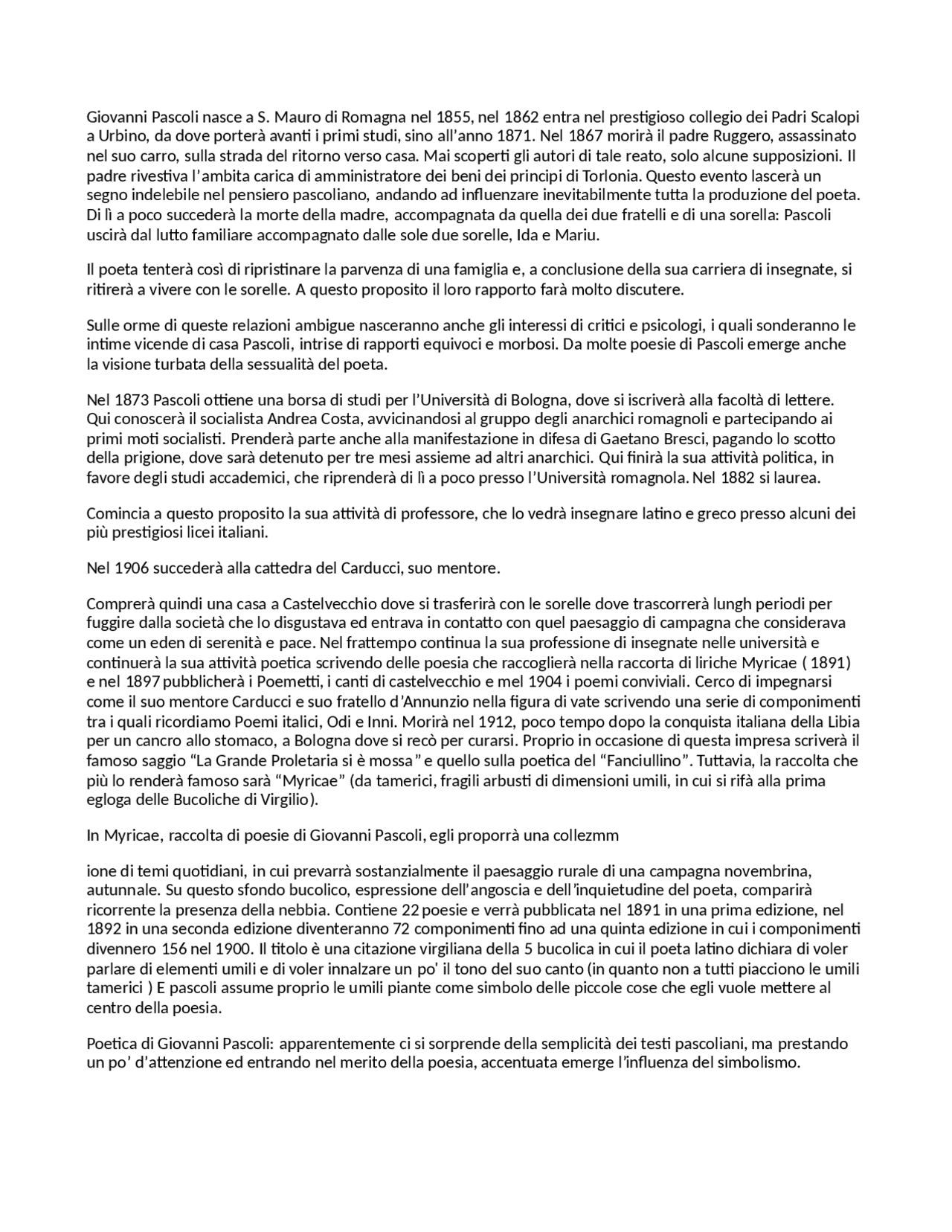 Riassunto letteratura italiana Pascoli | Summaries of Italian | Docsity