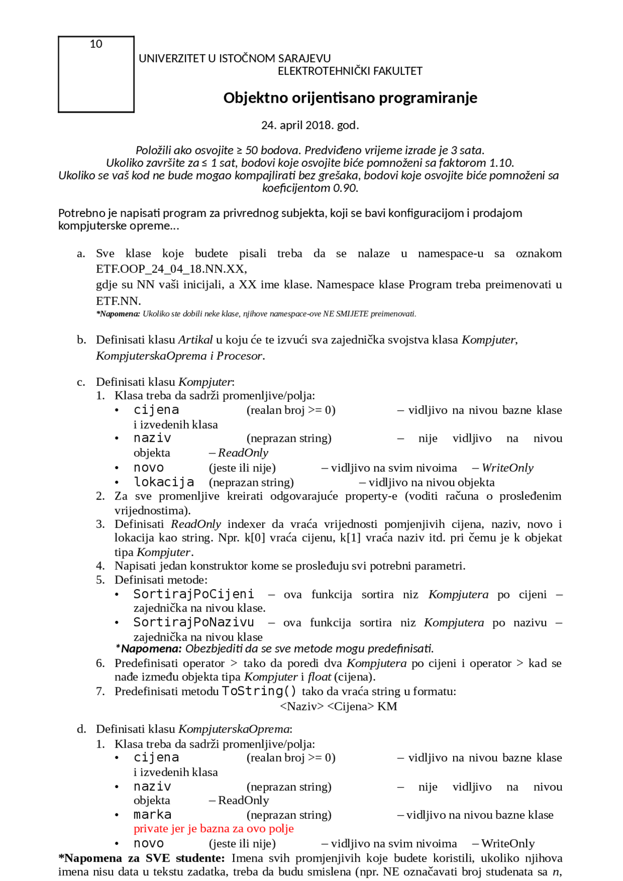 Objektno programiranje | Ispiti' predlog Objektno orijentisano programiranje | Docsity