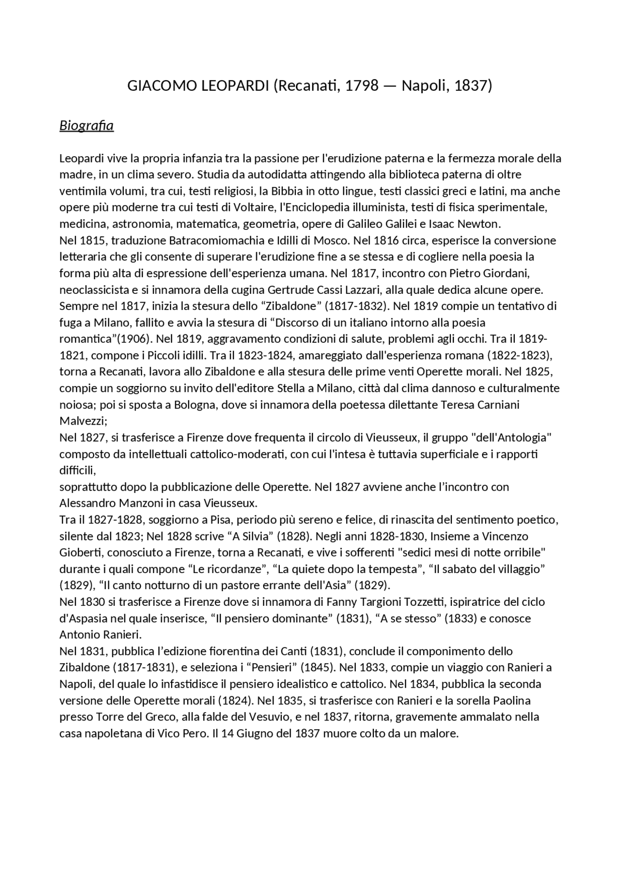 Giacomo Leopardi (Biografia e Poetica) - Docsity