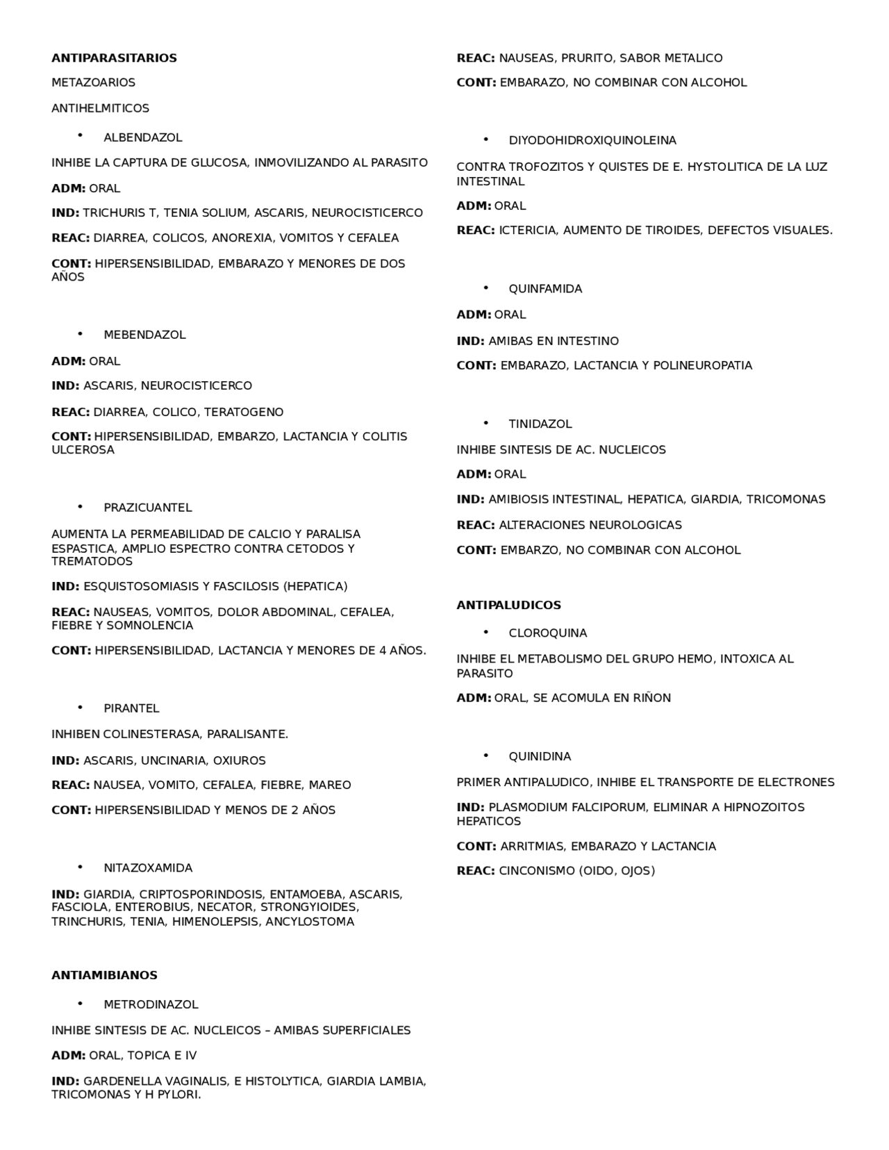 Antiparasitarios Y Antipaludicos Resúmenes De Farmacología Docsity