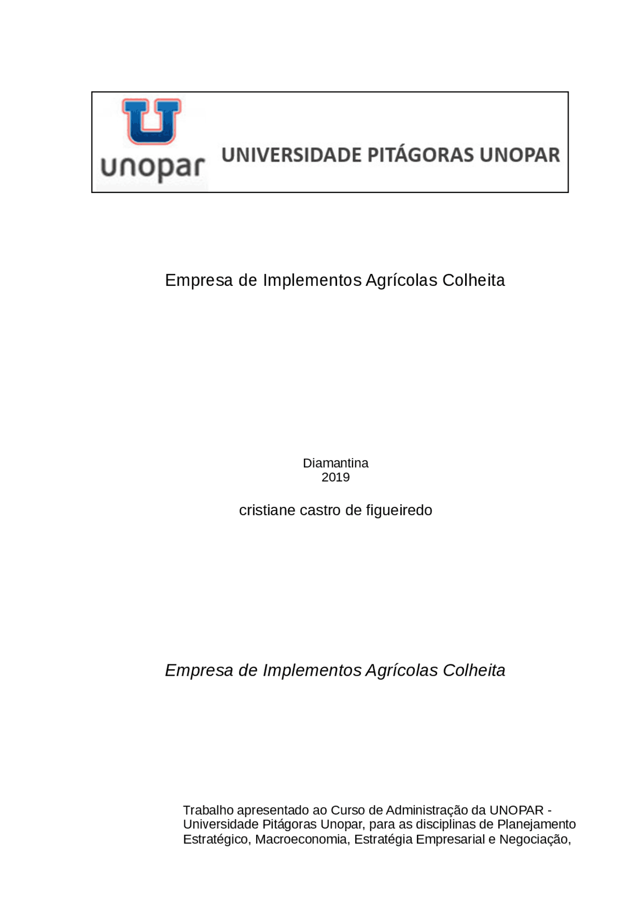 Colheita Unopar 3º Período Docsity