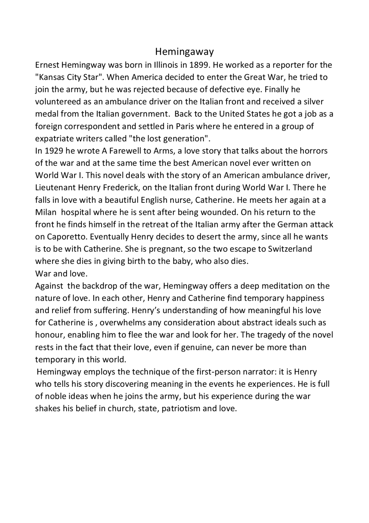 Ernest Hemingway life - Docsity