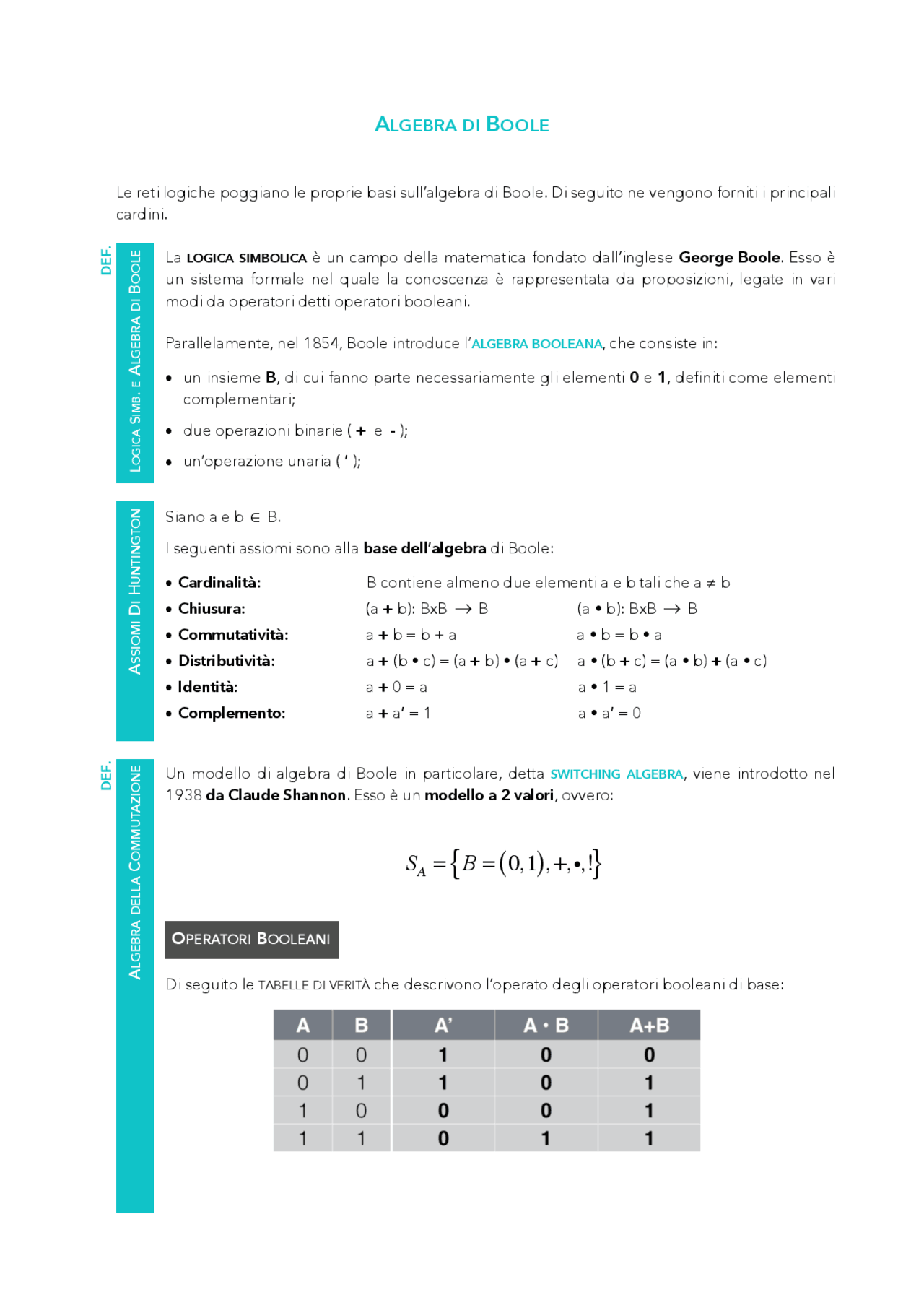 Reti logiche: algebra di Boole - Docsity