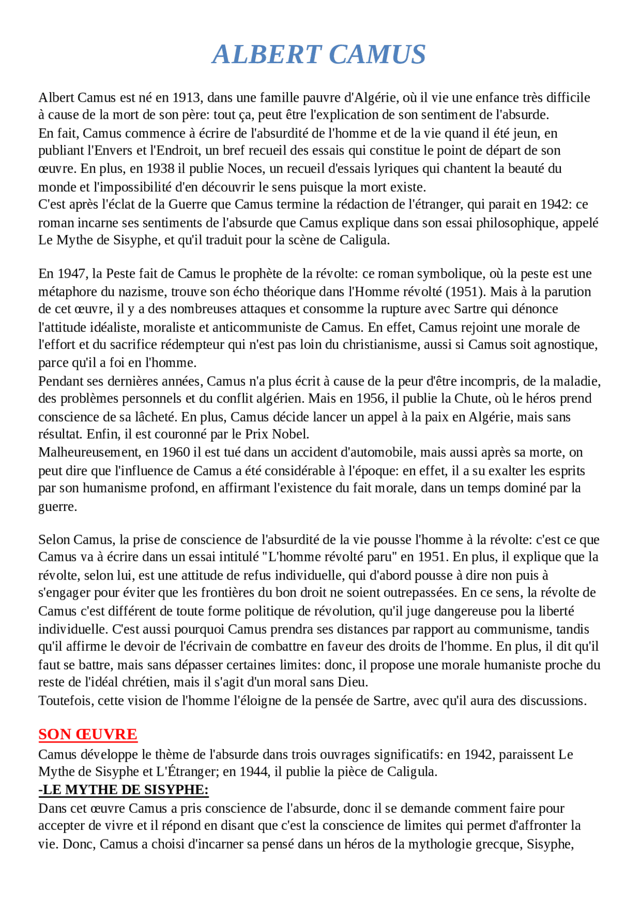 Albert Camus Et Son Œuvre Docsity