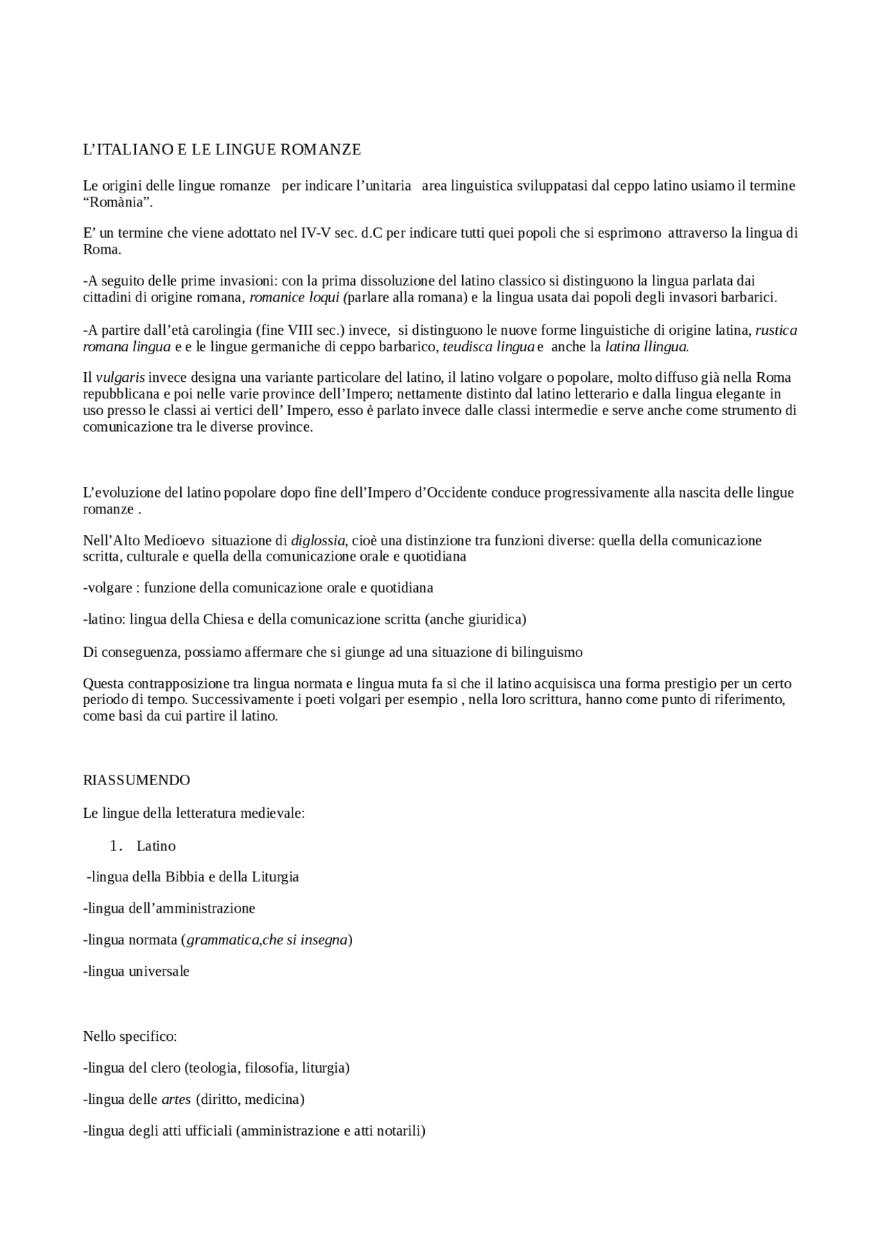 Litaliano E Le Lingue Romanze Docsity