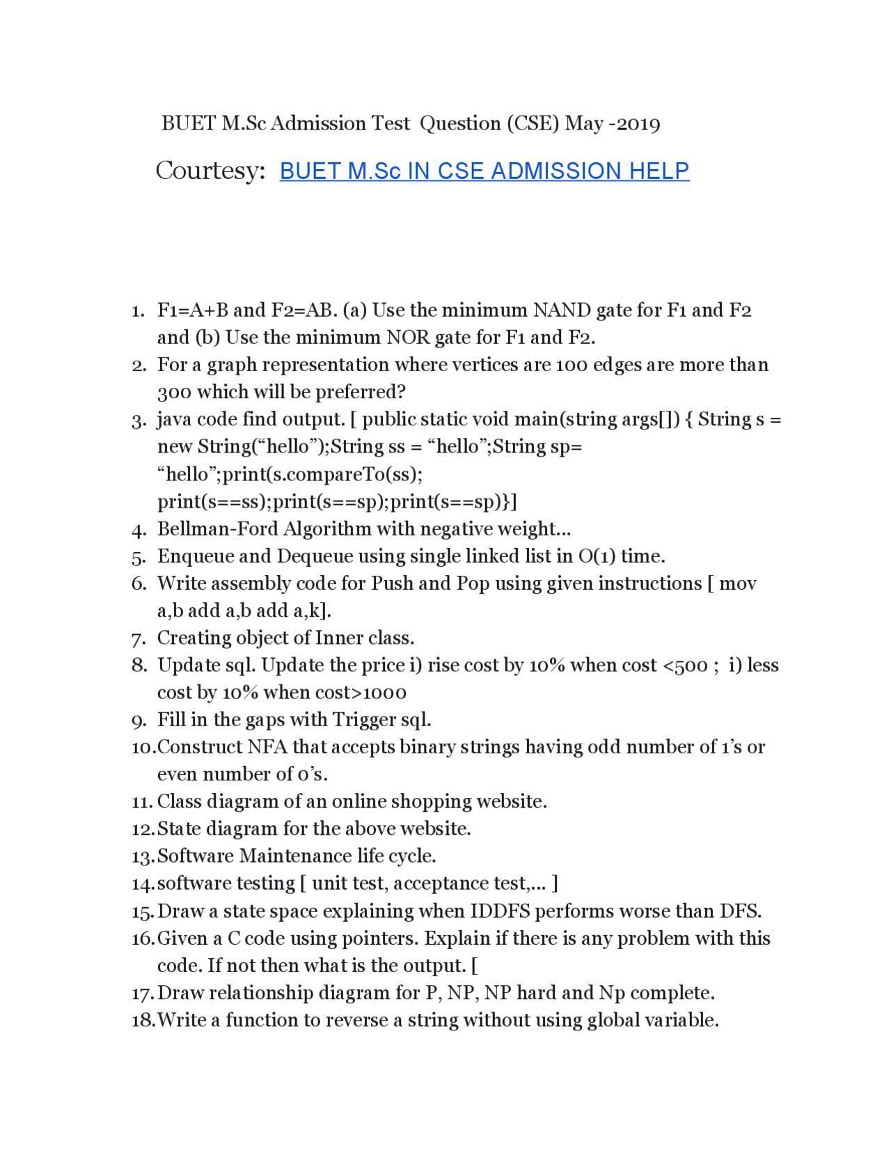 Buet Msc Admission Test Question Cse Exams Computer Science Docsity