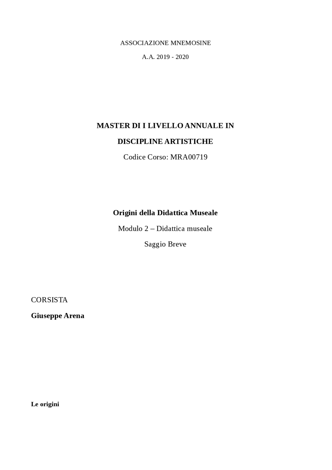 Saggio Breve Associazione Mnemosine Master Di I Livello Annuale In