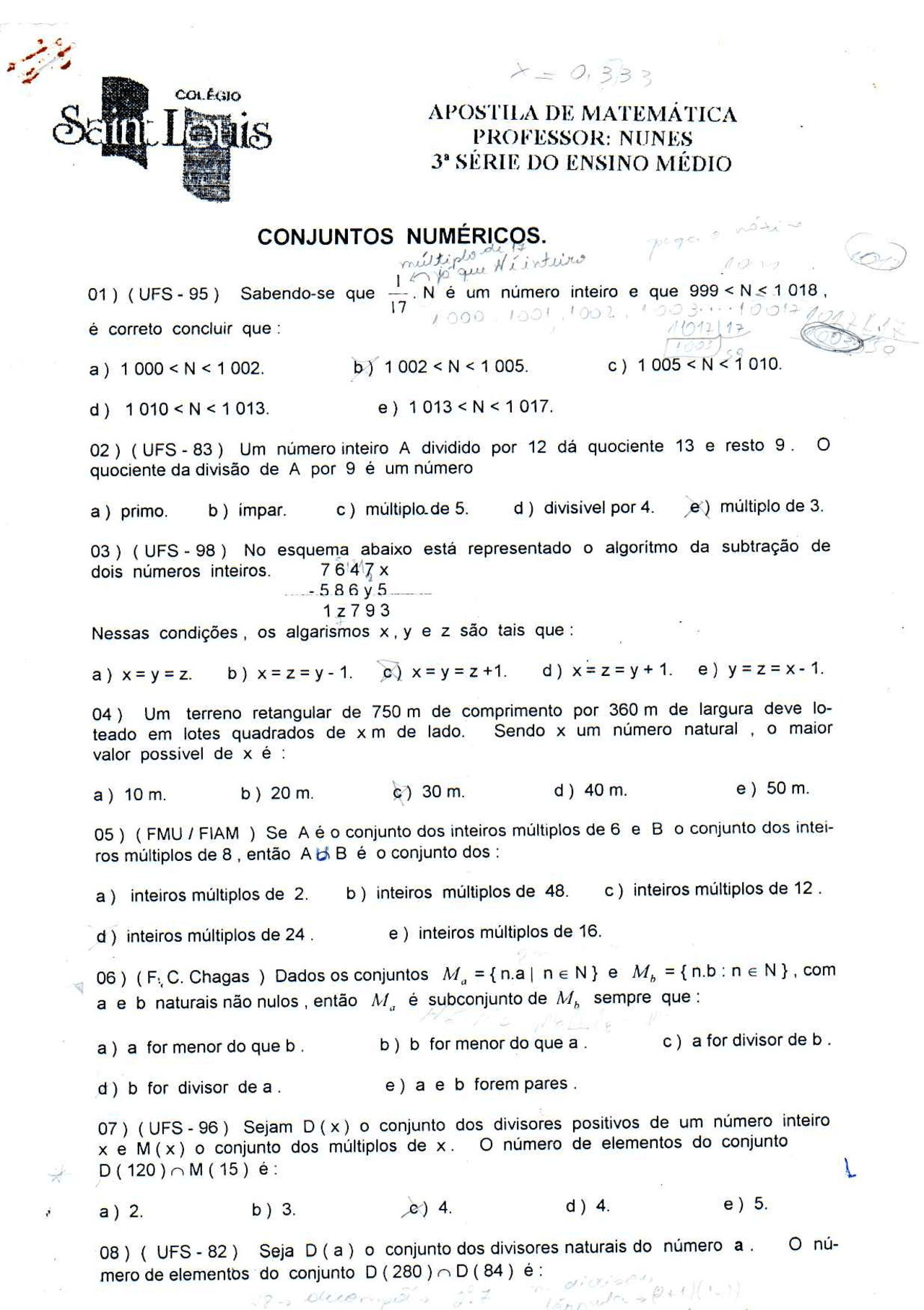 Conjunto Numérico Matemática Docsity