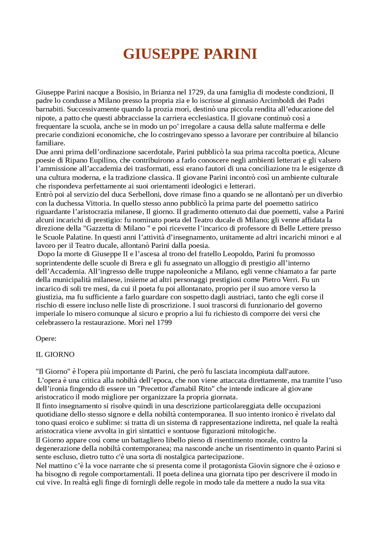 Giuseppe Parini Vita E Opere Principali Docsity