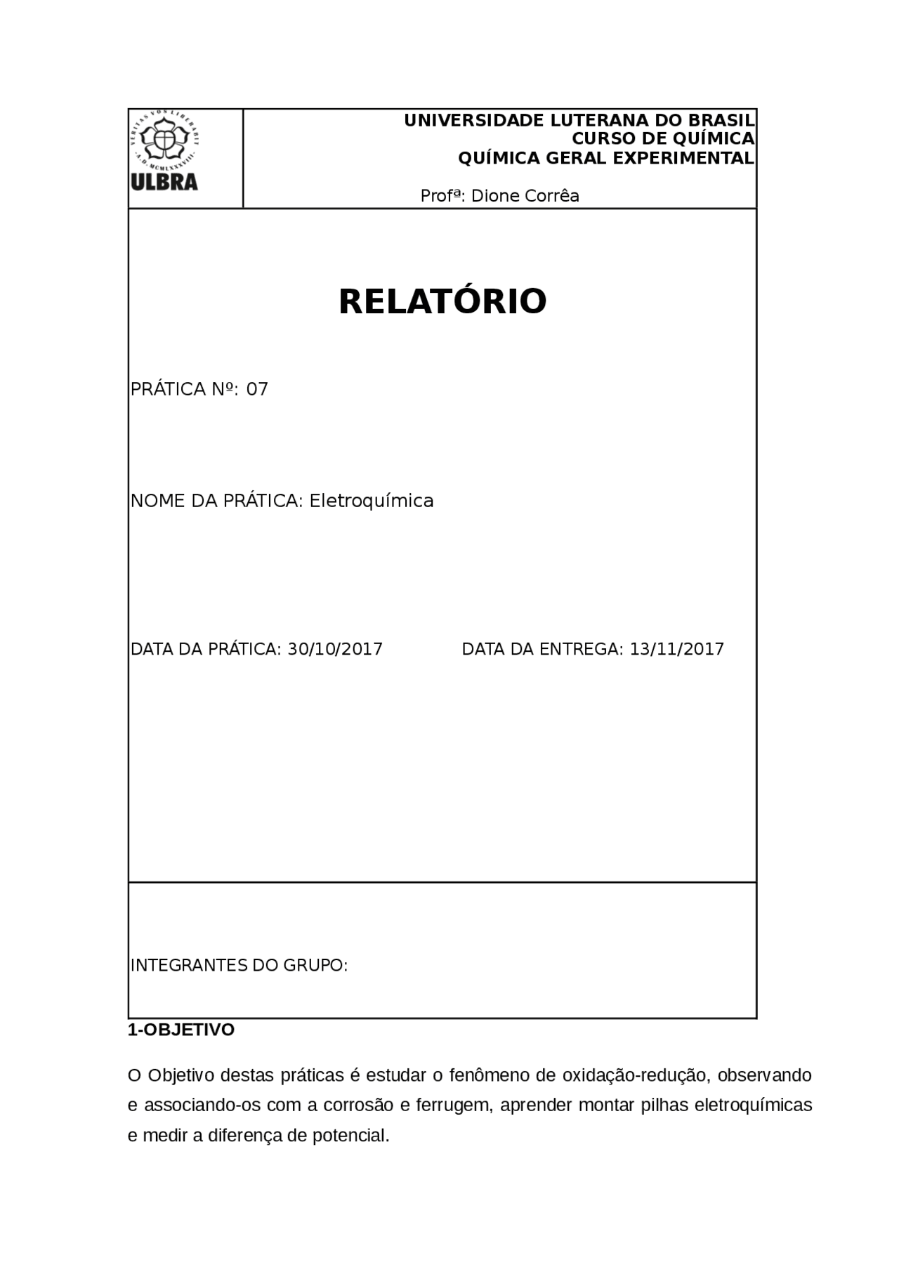 Relatório Eletroquimica Trabalhos Química Docsity