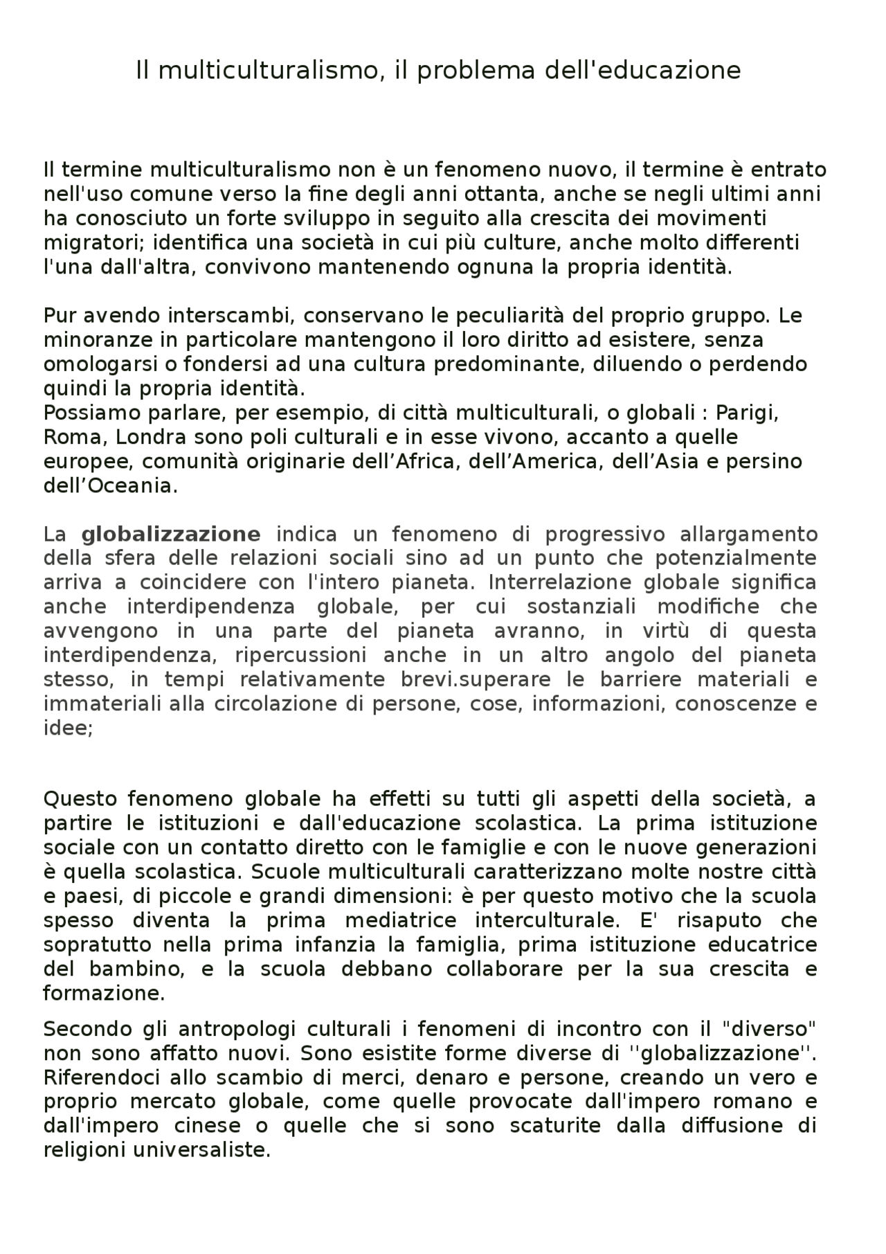 Il multiculturalismo, tra integrazione ed educazione - Docsity