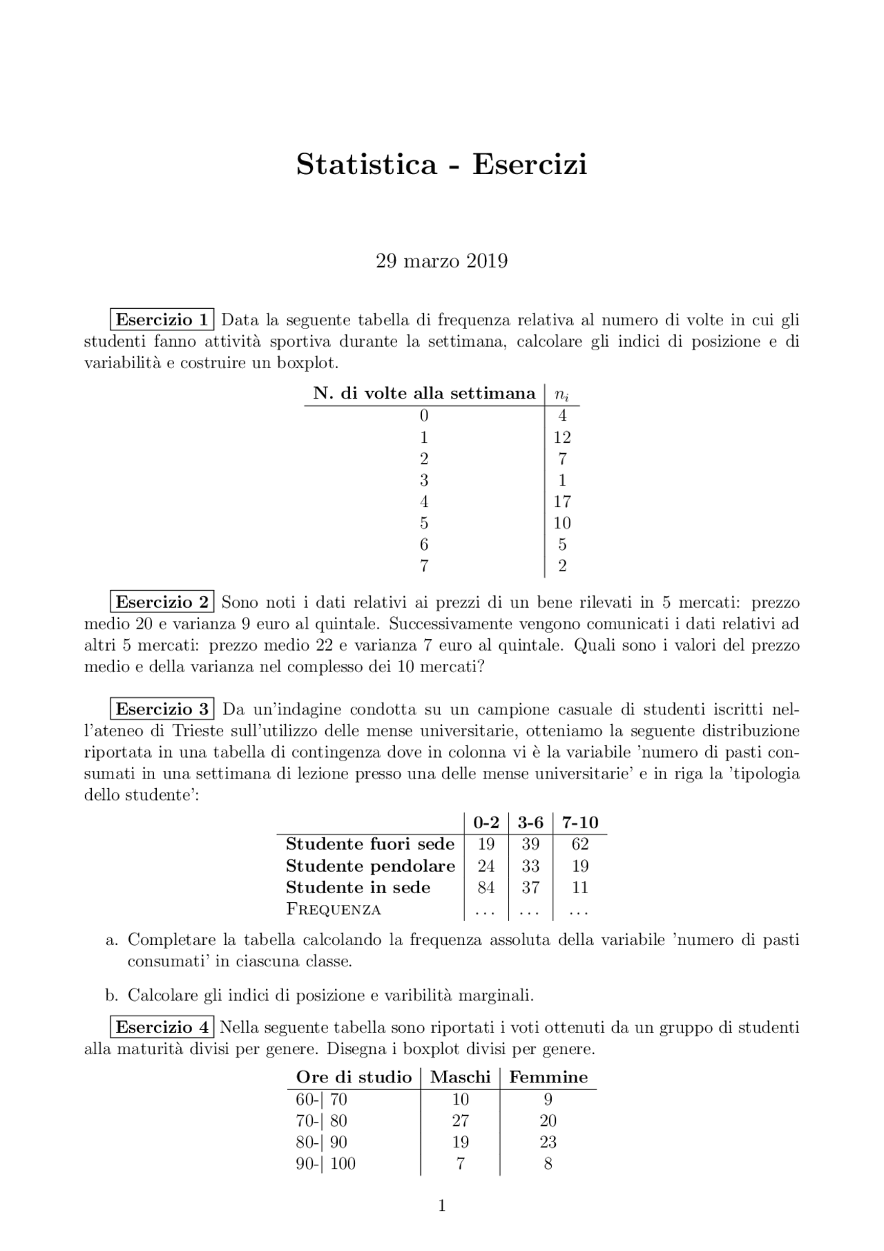 Esercitazione Esame Statistica Docsity