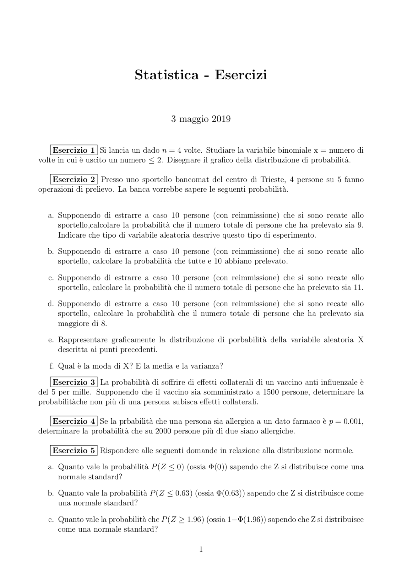 Esercitazione esame Statistica - Docsity