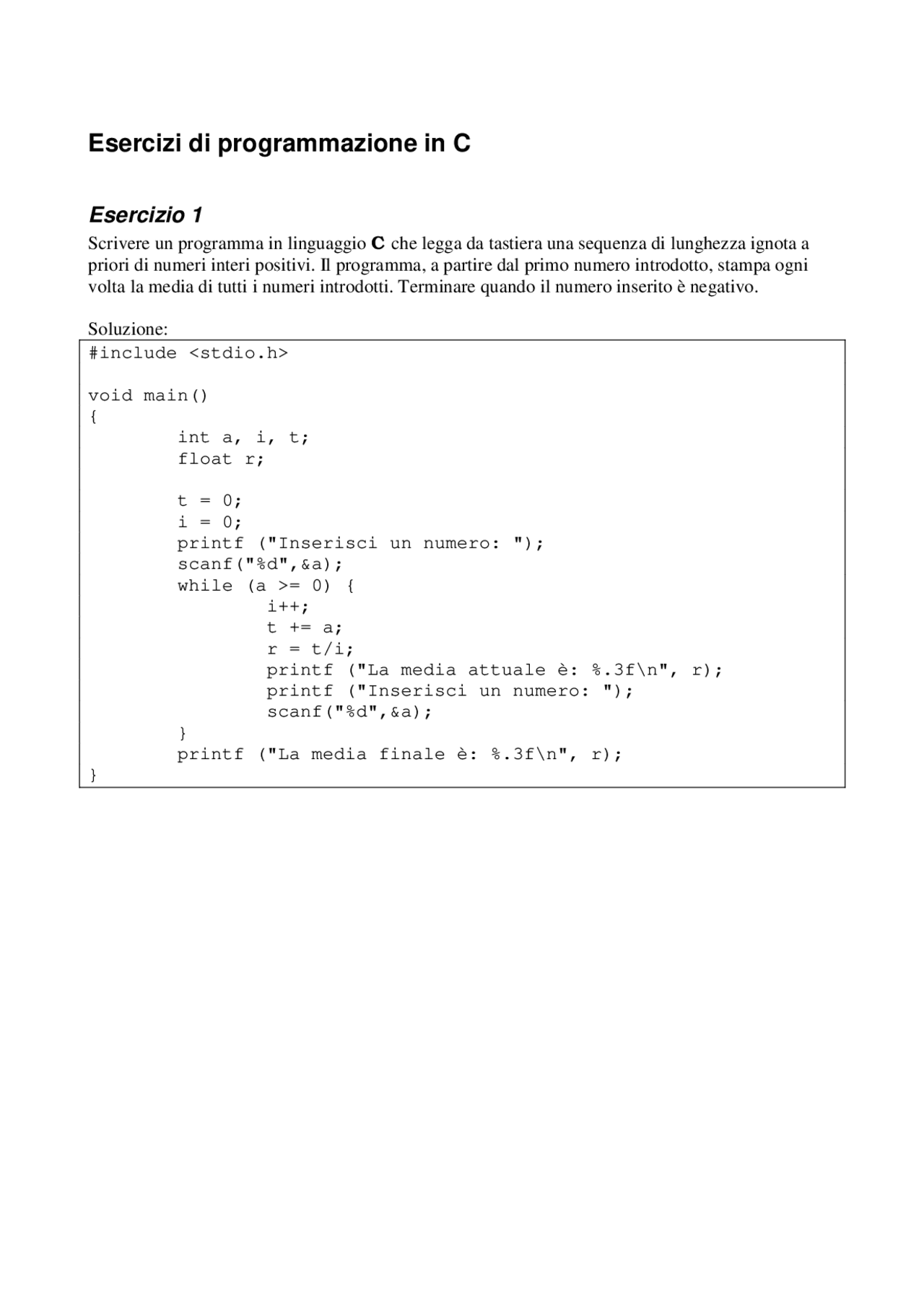Esercizi Di Programmazione In C Docsity