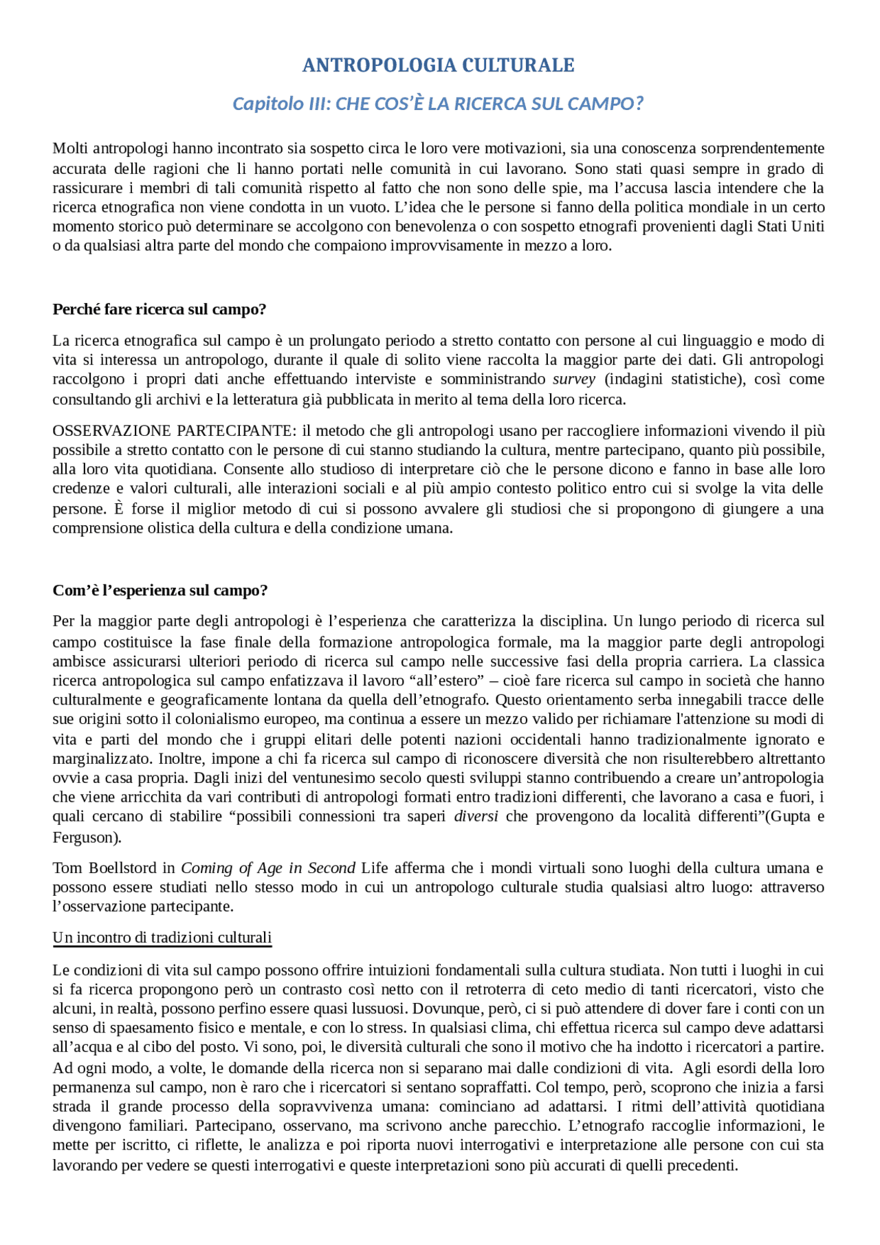 Riassunto Terzo Capitolo Schultz Lavenda Docsity