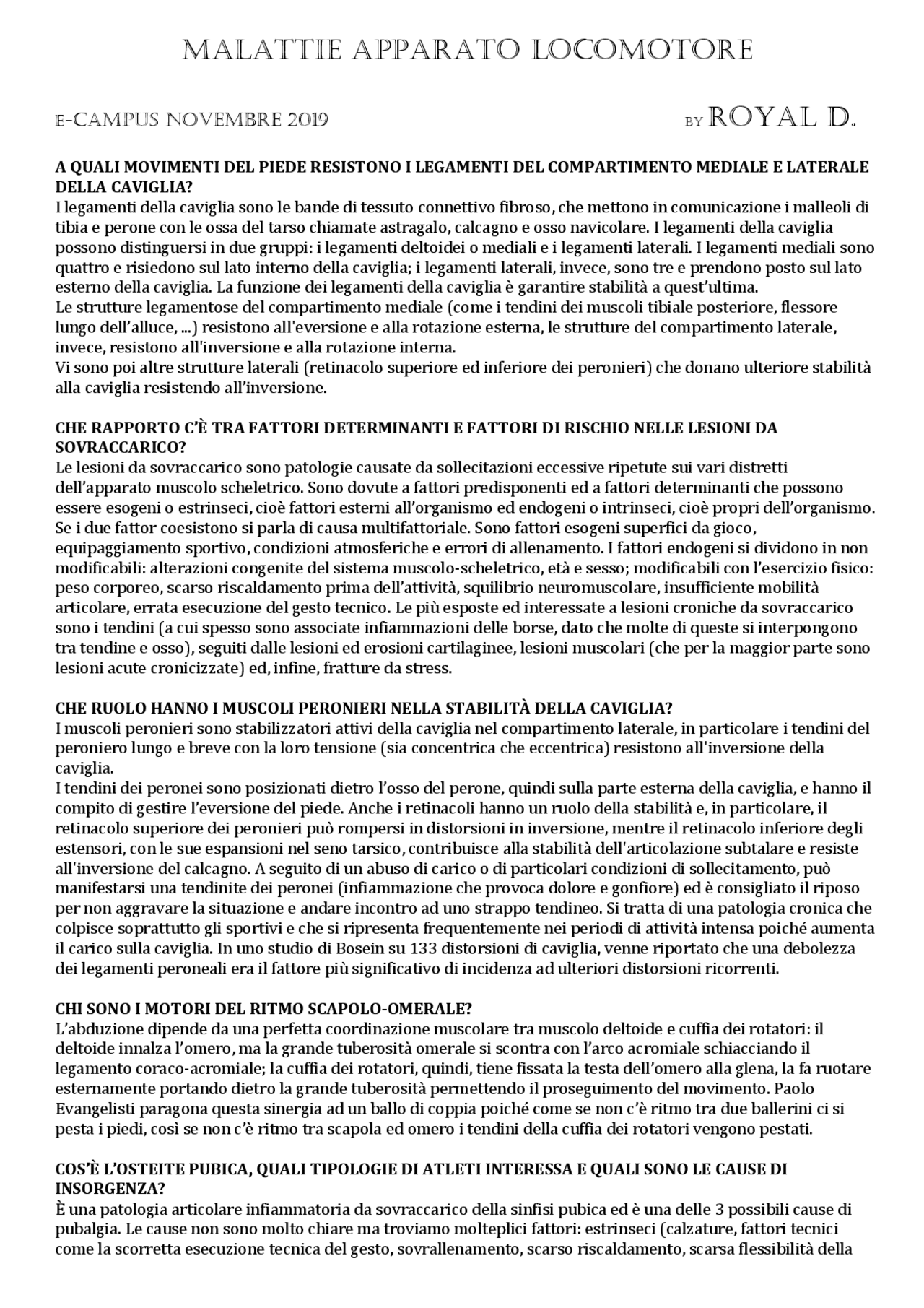 Paniere Compilato Di Malattie Apparato Locomotore Prof Picerno