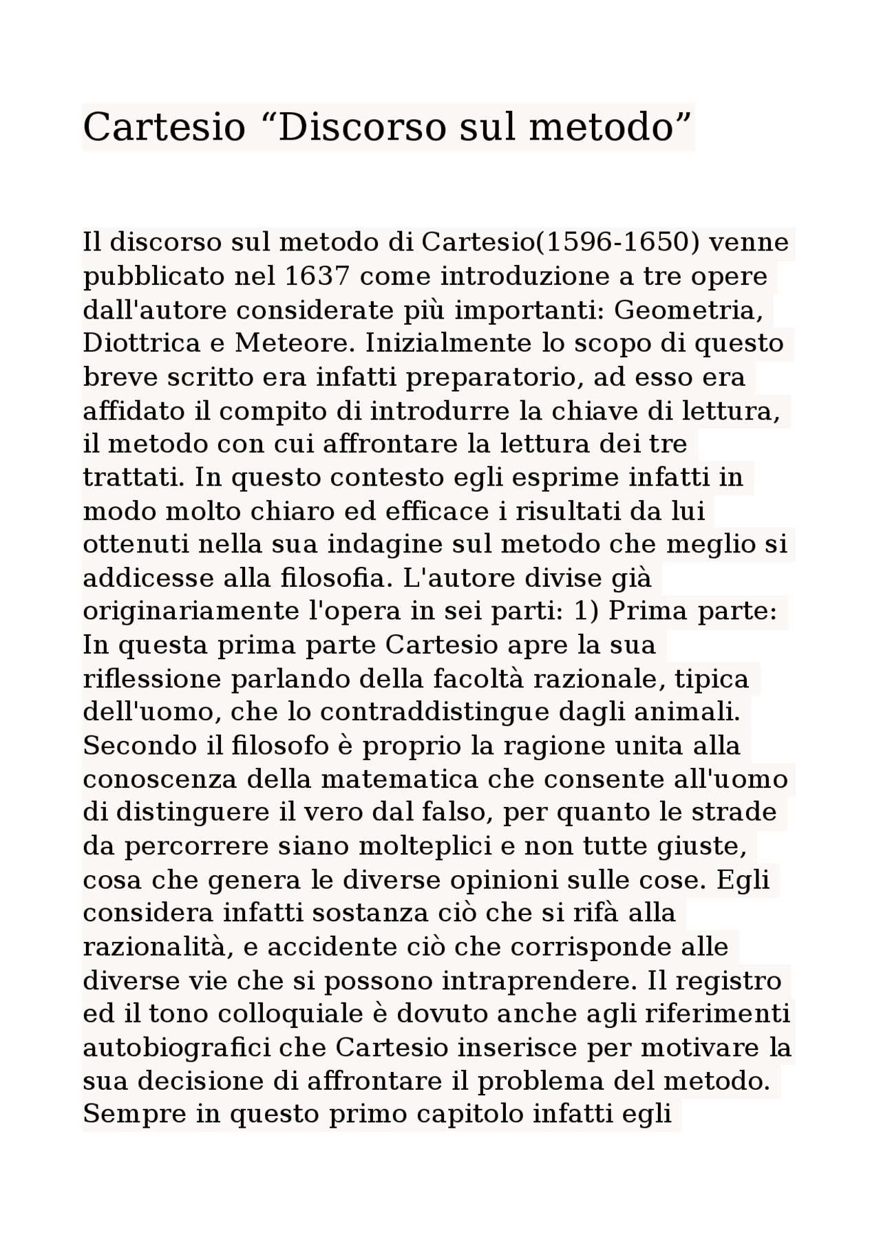 Riassunto Del Libro Discorso Sul Metodo Di Cartesio Docsity