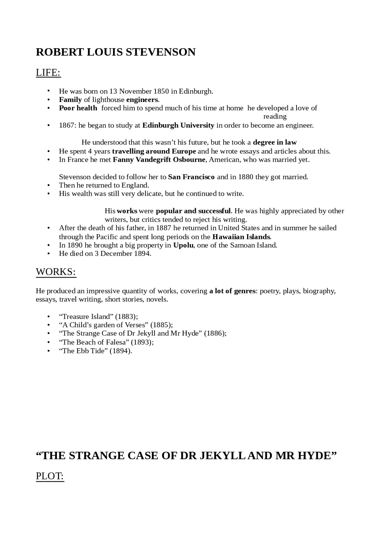 STEVENSON AND "DR JEKYLL AND MR HYDE" - Docsity