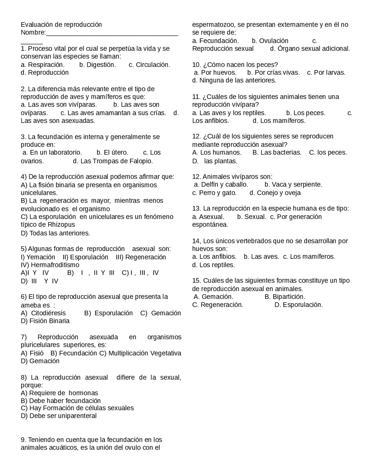 Evaluacion Reproduccion Exámenes De Biología Docsity