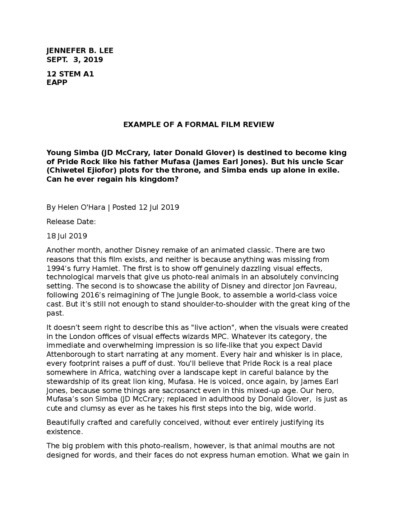 Example of a film review | Study Guides, Projects, Research English | Docsity
