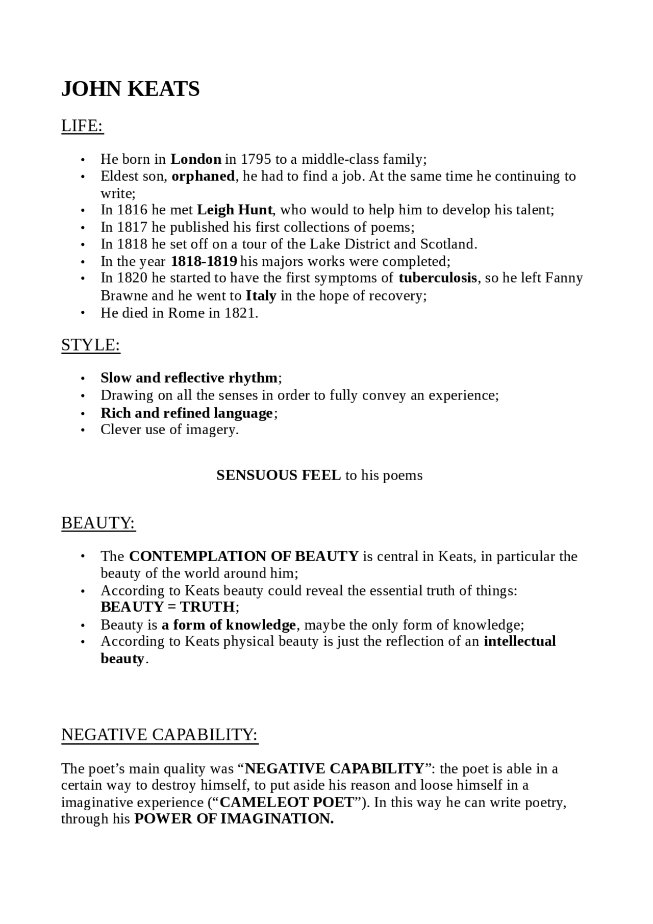 JOHN KEATS: life, style, idea of beauty, negative capability - Docsity