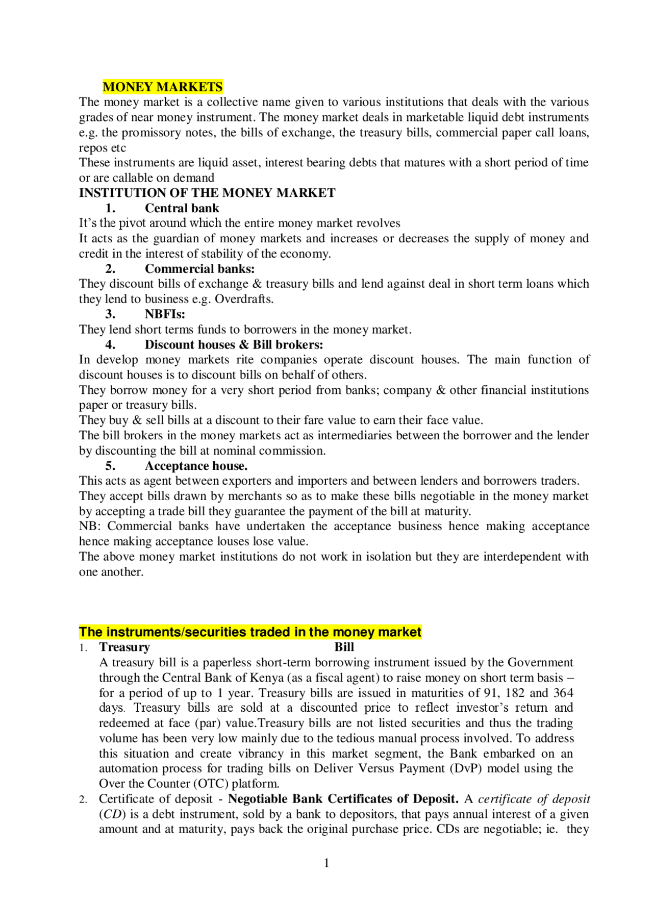 Money Markets Notes Ratio Analysis Notes Money And Banking Notes