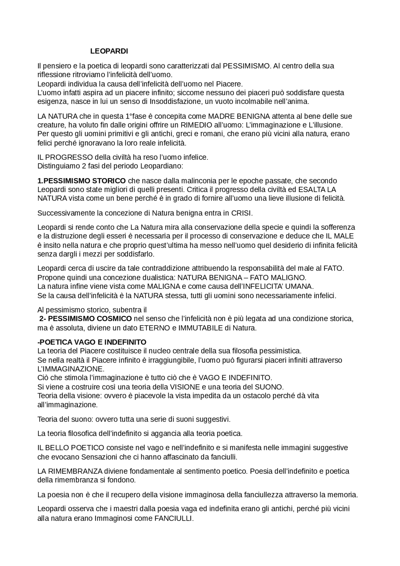 Riassunto Vita E Opere Leopardi Docsity