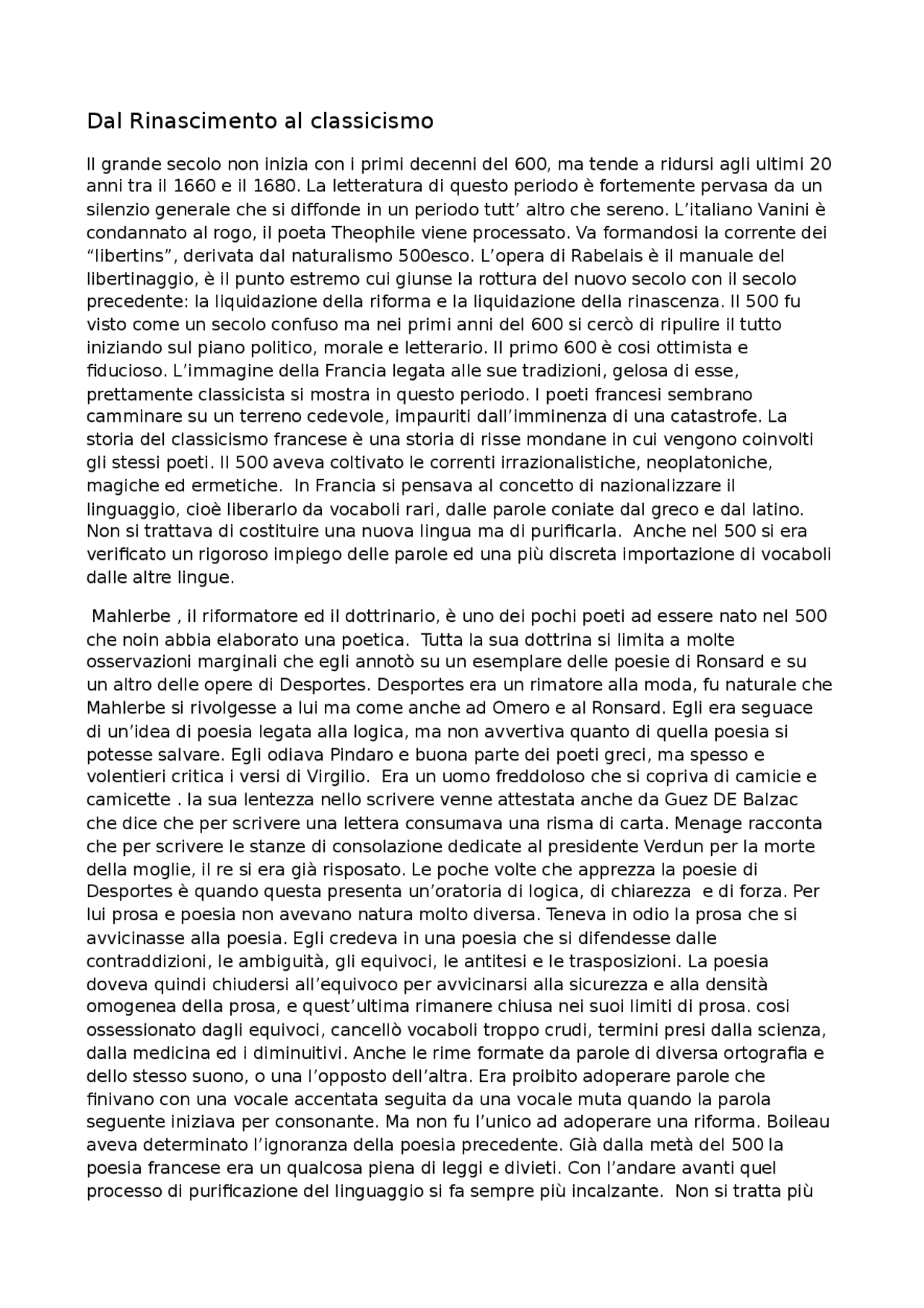 Dal rinascimento al classicismo - Docsity