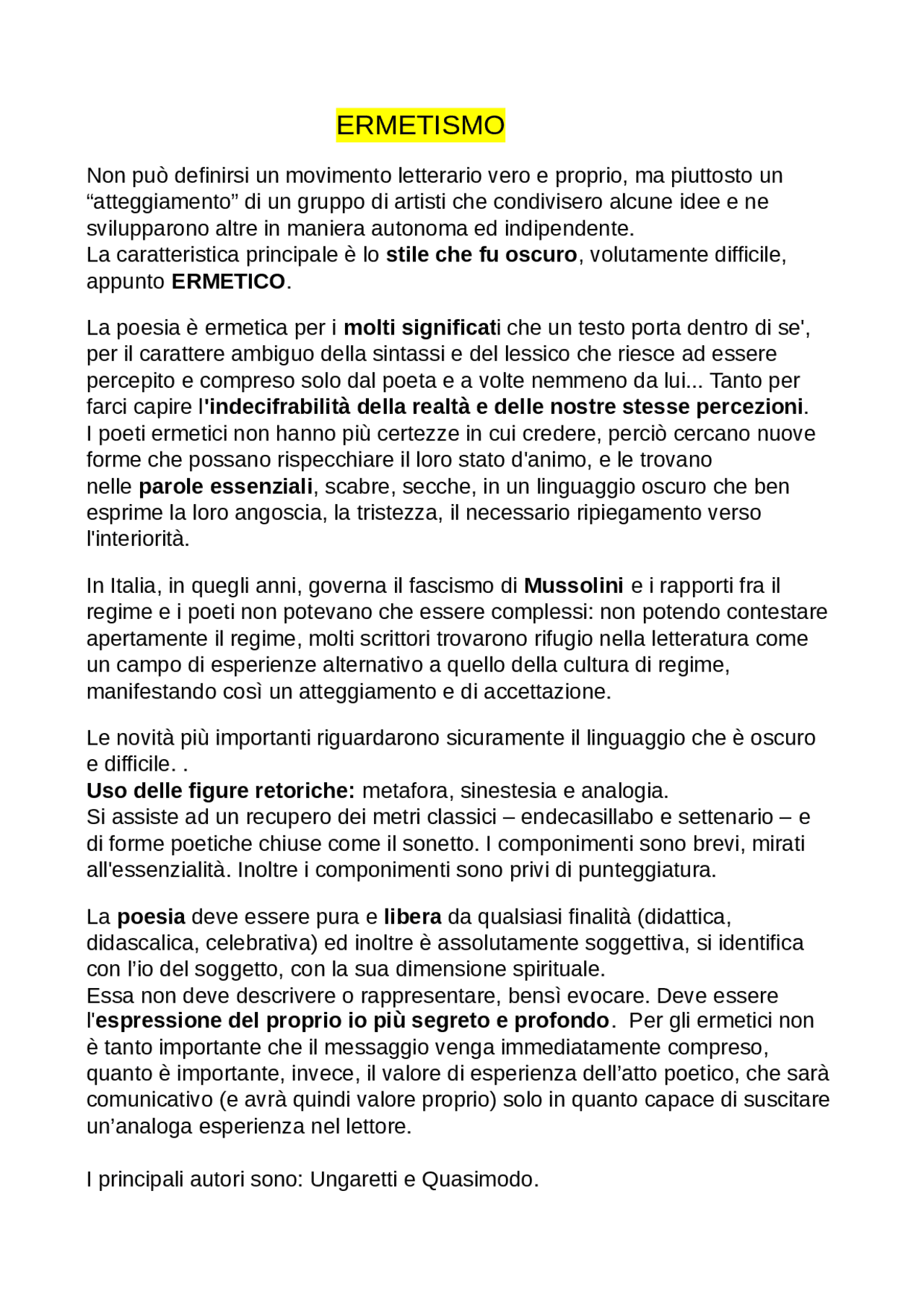 Lermetismo E Quasimodo Docsity