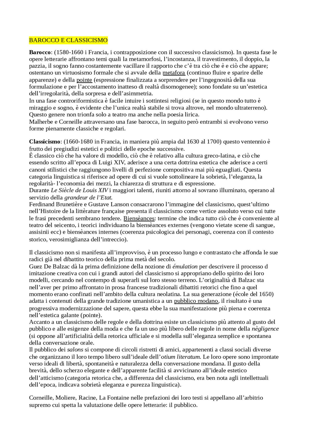 Riassunto Del Libro Introduzione Al Seicento Francese E Al Classicismo