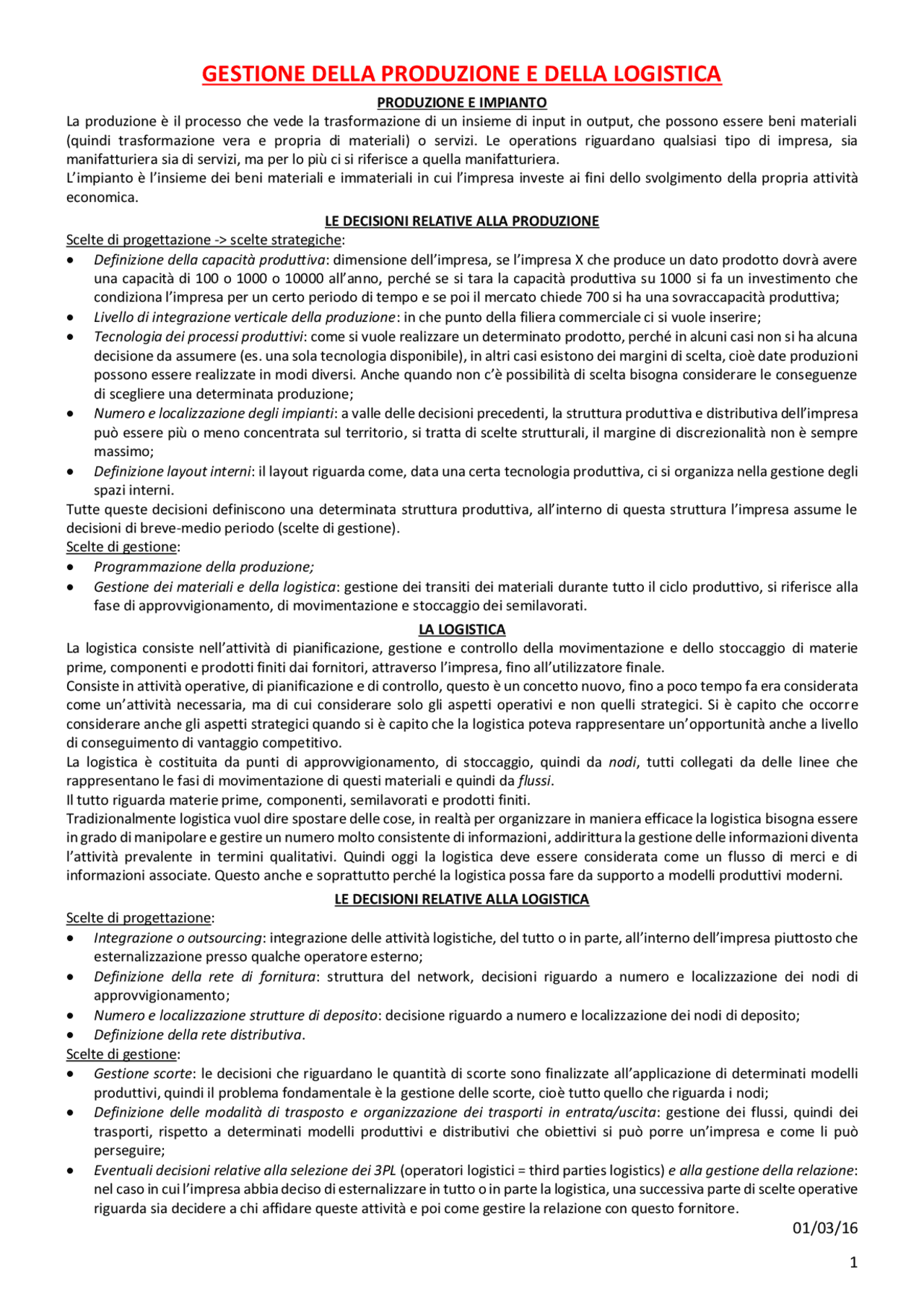 Gestione Della Produzione E Della Logistica Docsity