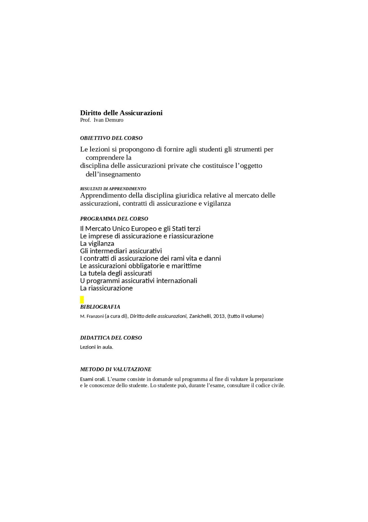 Diritto Delle Assicurazioni Demuro Docsity