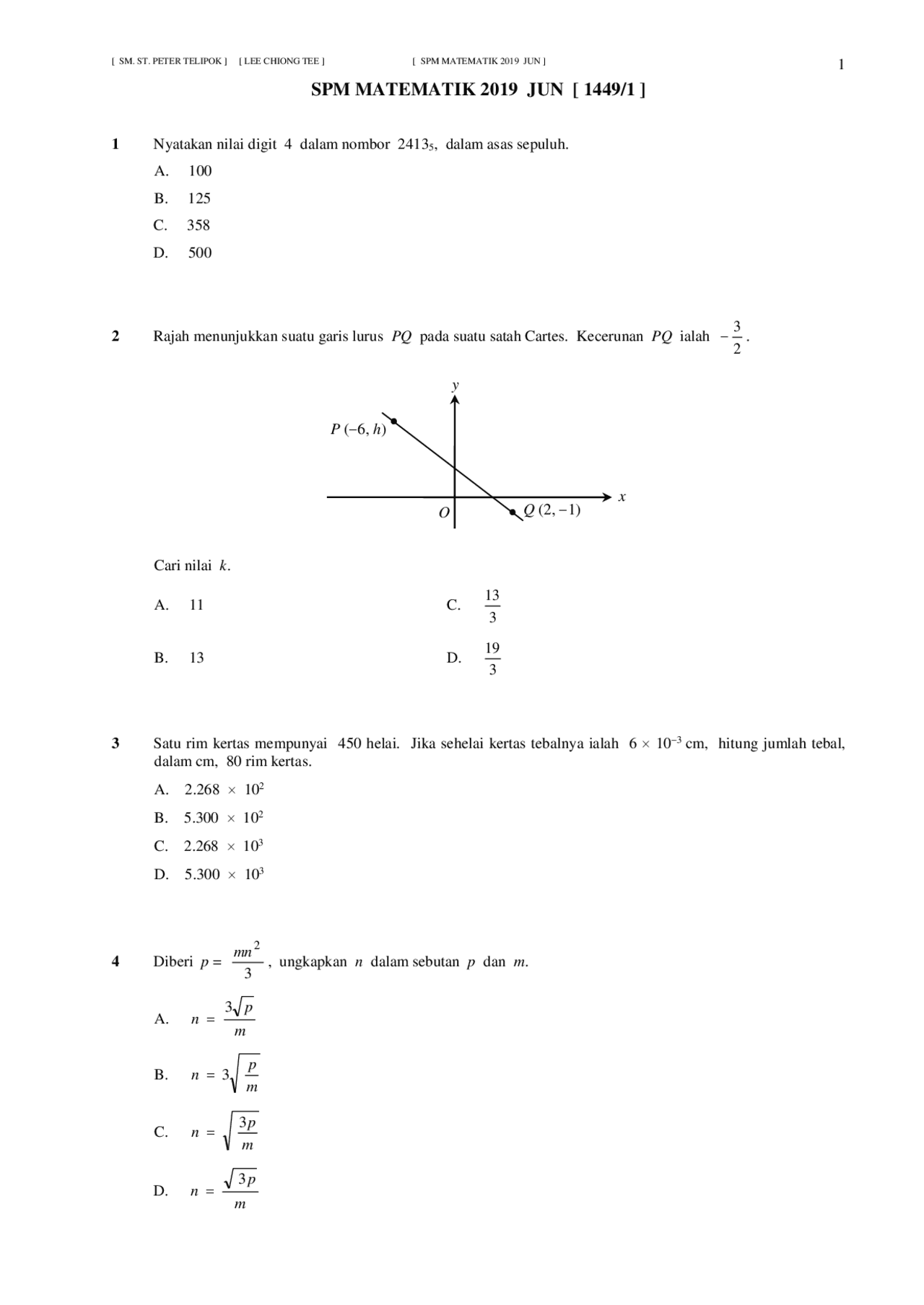 SPM PAPER 1 MATHEMATICS - Docsity