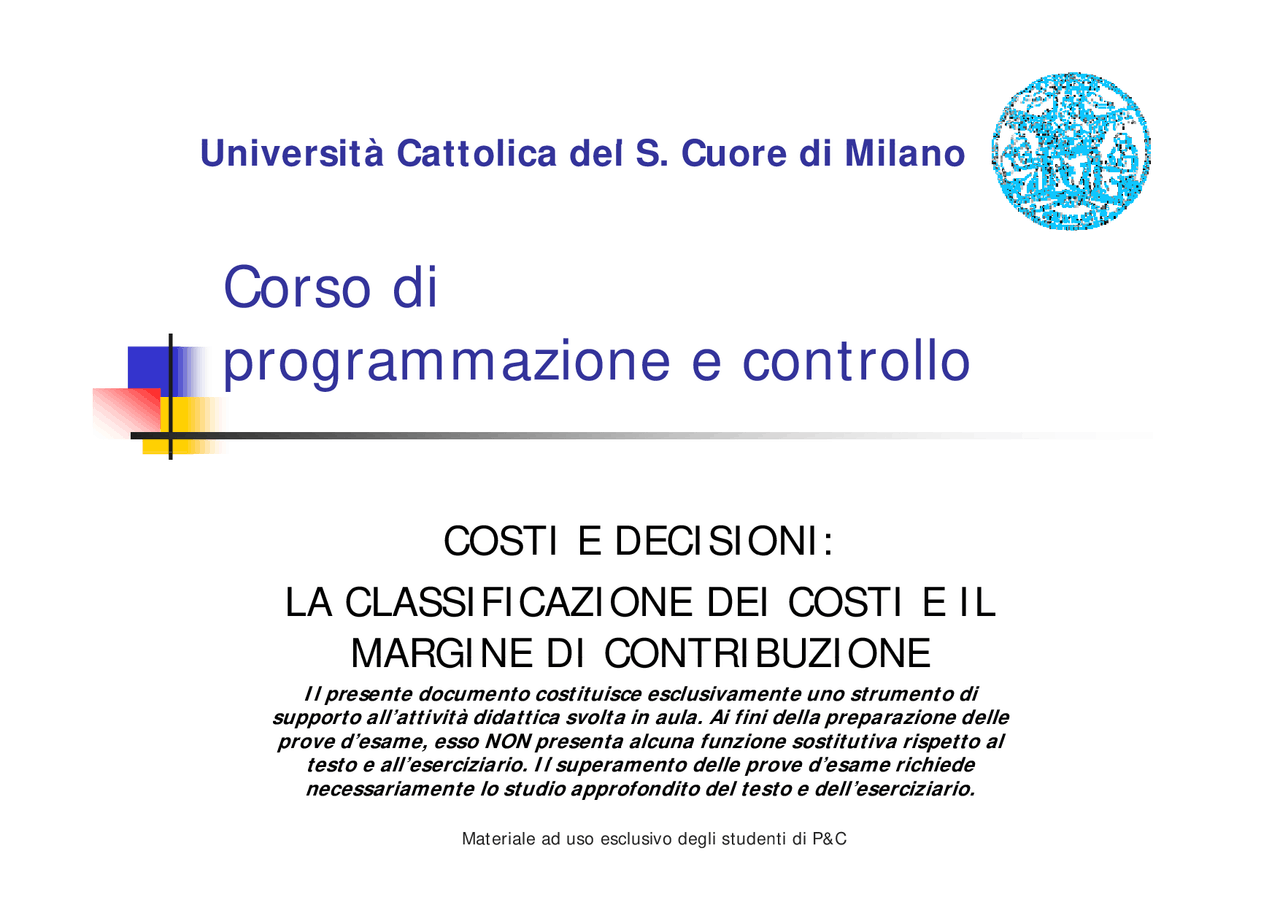 Slide Su Classificazione Costi Docsity