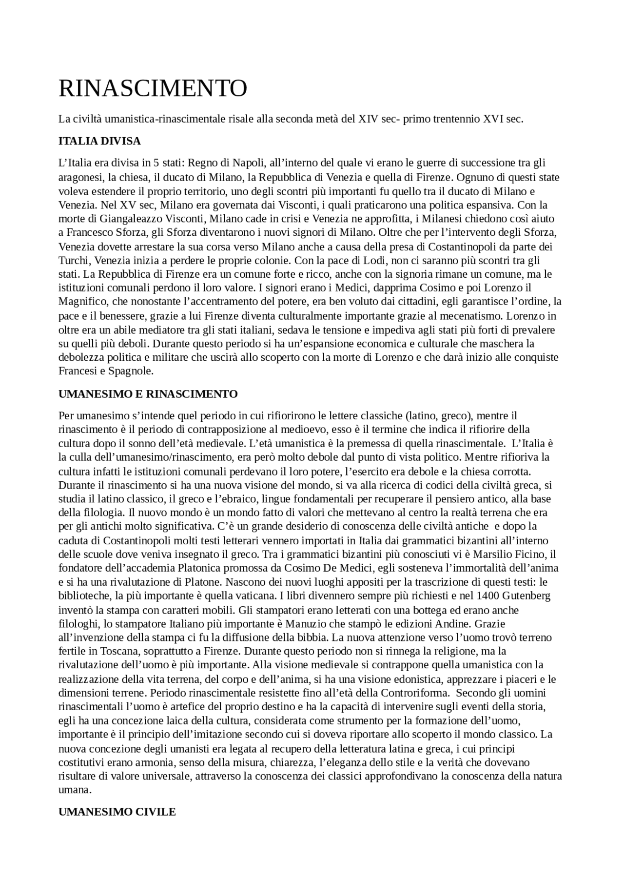 RINASCIMENTO, analisi e descrizione del periodo rinascimentale - Docsity